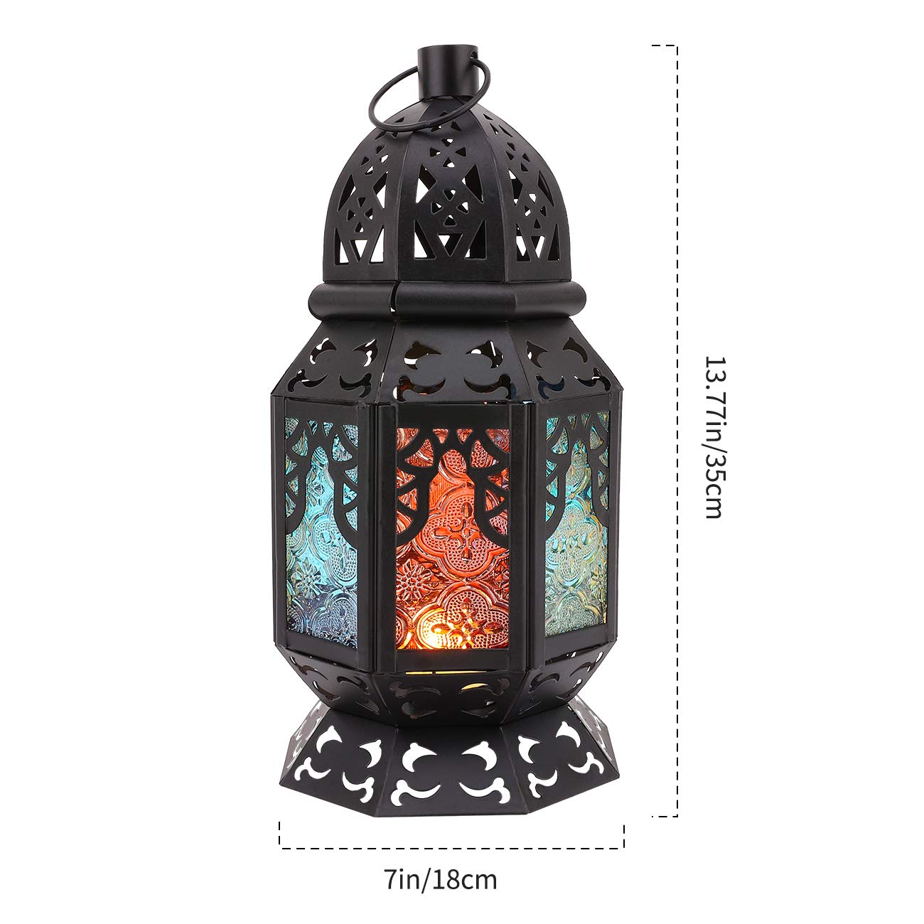 Lewondr Retro Iron Ramadan Candle Lantern, 13.8 Inch Portable Moroccan Wrought Iron Stained Glass Decorative Lantern Candle Holder Hanging Lamp Wind Lantern for Home Decor, Large – Black + Colorful