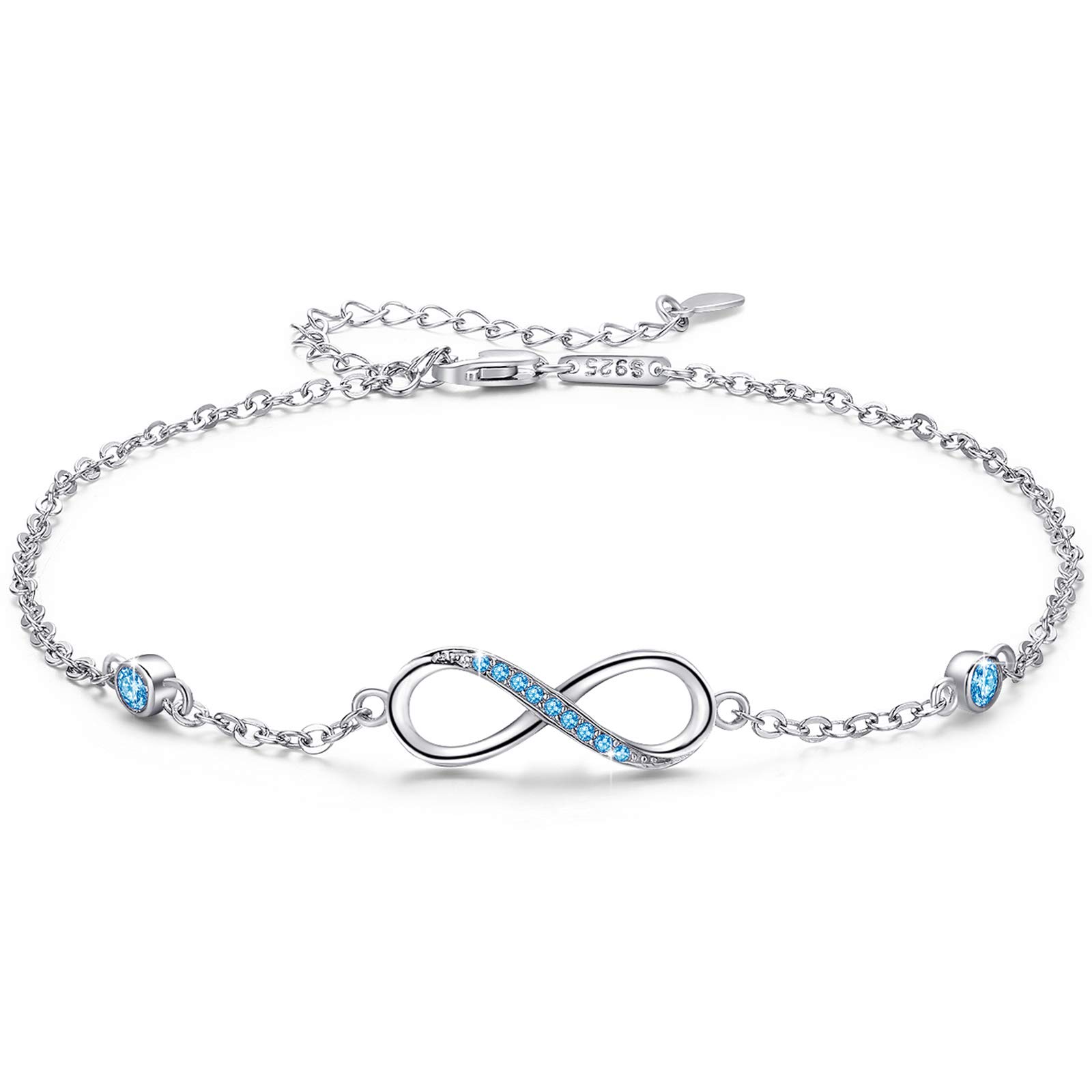 MEDWISE Womens Infinity Anklet Bracelet 925 Sterling Silver Endless Love Symbol Ankle Bracelet Adjustable Plus Size Large Bracelet Gifts for her Valentines Day Motherās Day Gifts Blue