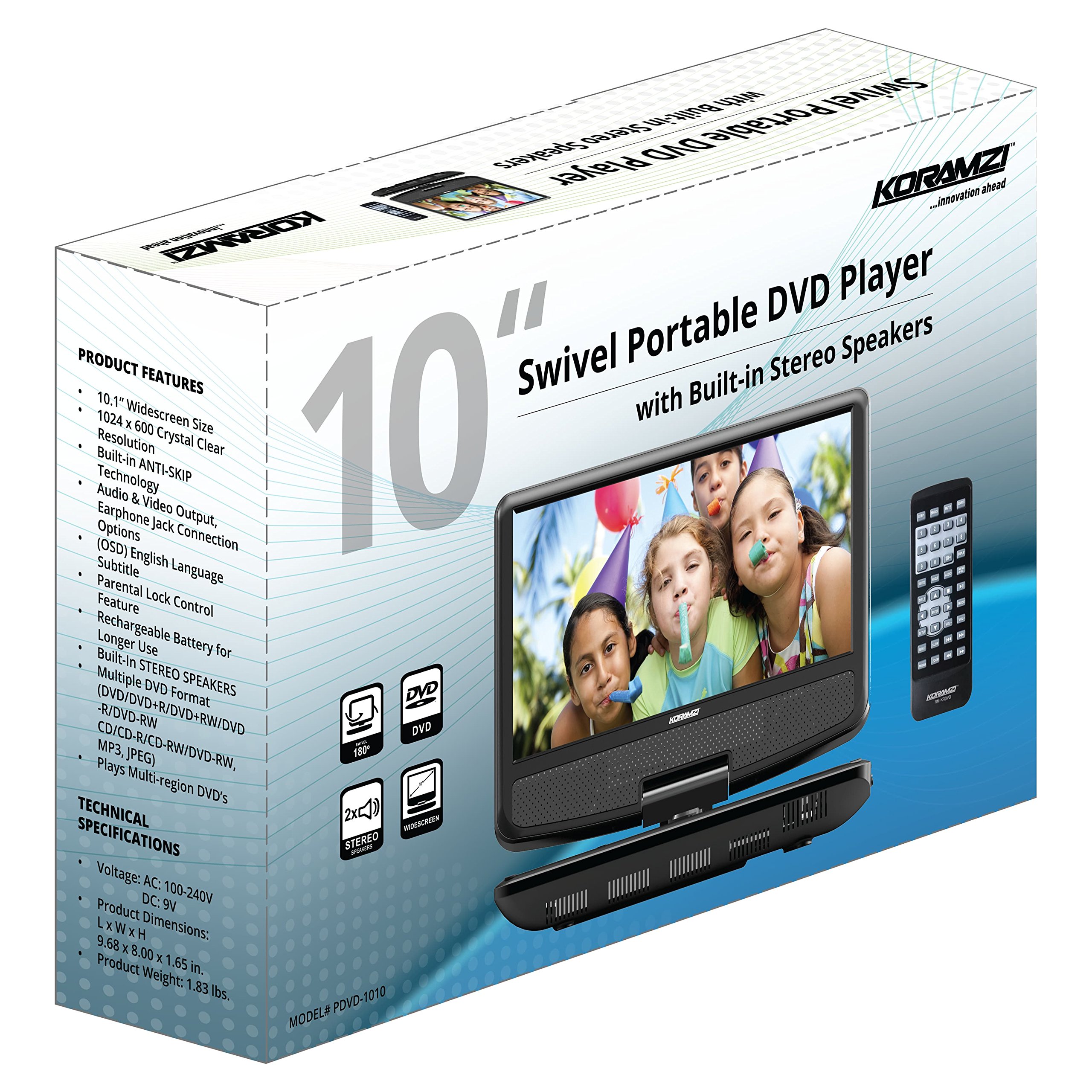 Koramzi Portable Swivel DVD Player with Rechargeable Battery/USB&SD Reader/AV Out/Headphone Jack/Remote Control/AC-DC Power Adaptor/Multi-Region DVD Format- PDVD (Medium, Black)