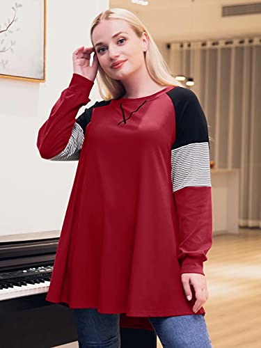 LARACE Plus Size Tops Women Pullover Sweatshirt Color Block Tee Long Sleeve Tunic Striped Raglan Shirt(Wine Red 4X)