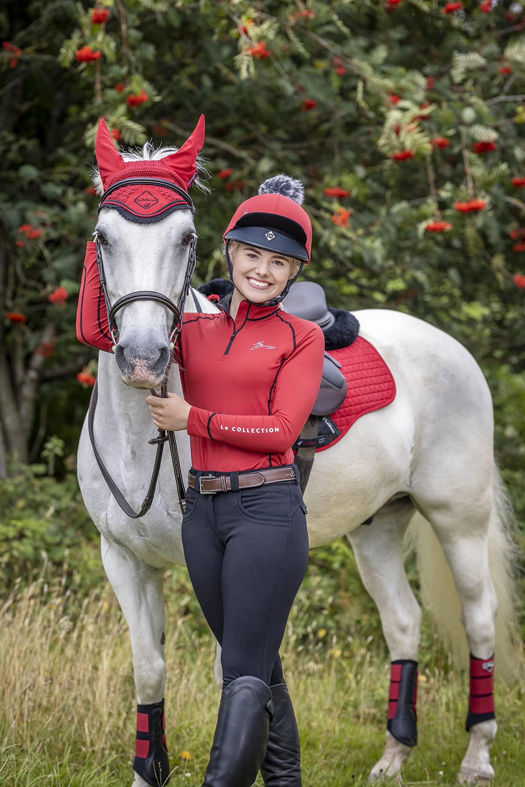 LeMieux Pom Pom Horse Riding Hat Silkwith 4 Way Stretch Fabric Coordinates with Base Layers & Saddle Pads - Equestrian Headgear - One Size - Chilli