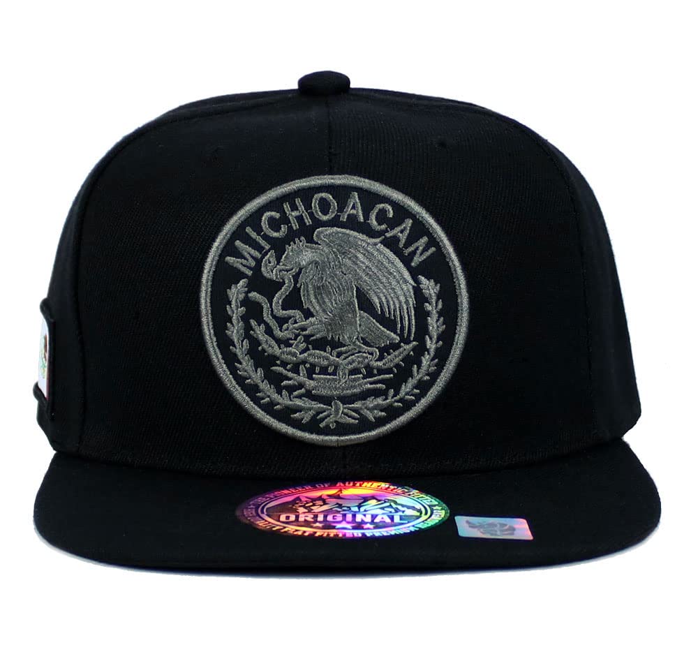 Mexican Hat Mexico State Federal Logo Embroidered Snapback Flat Bill Baseball Cap (Michoacan- Black/Gray), Large-X-Large