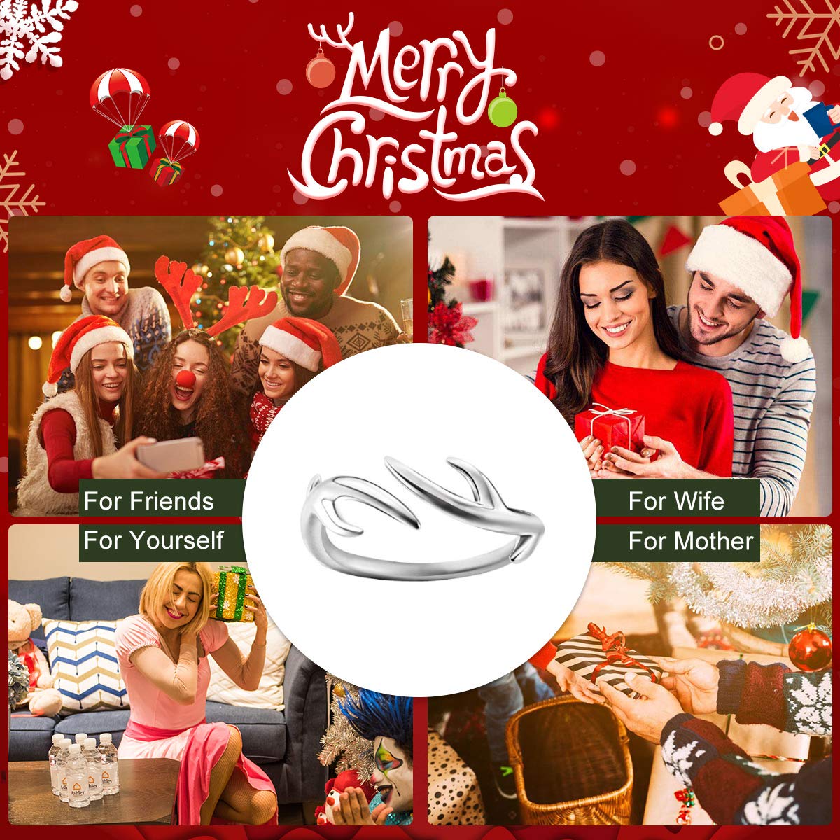 Jewever S925 Sterling Silver Original Deer Forest Antlers Women Open Ring Birthday Gift Jewelry