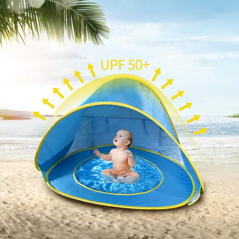 KOXUIUF Baby Beach Tent with Built-in Pool Ultralight Automatic Pop Up Tent UPF 50+ Beach Shade UV Protection Sun Shelters with Carry Bag.