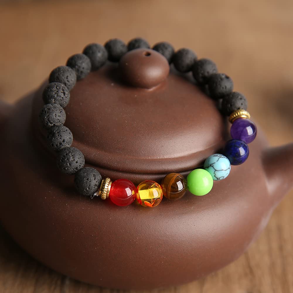 OAIITE 2Pcs 7 Chakra Bracelet Elastic Natural Stone Yoga Healing Crystals Beads Meditation Relax Anxiety Bracelet Bangle Natural Lava