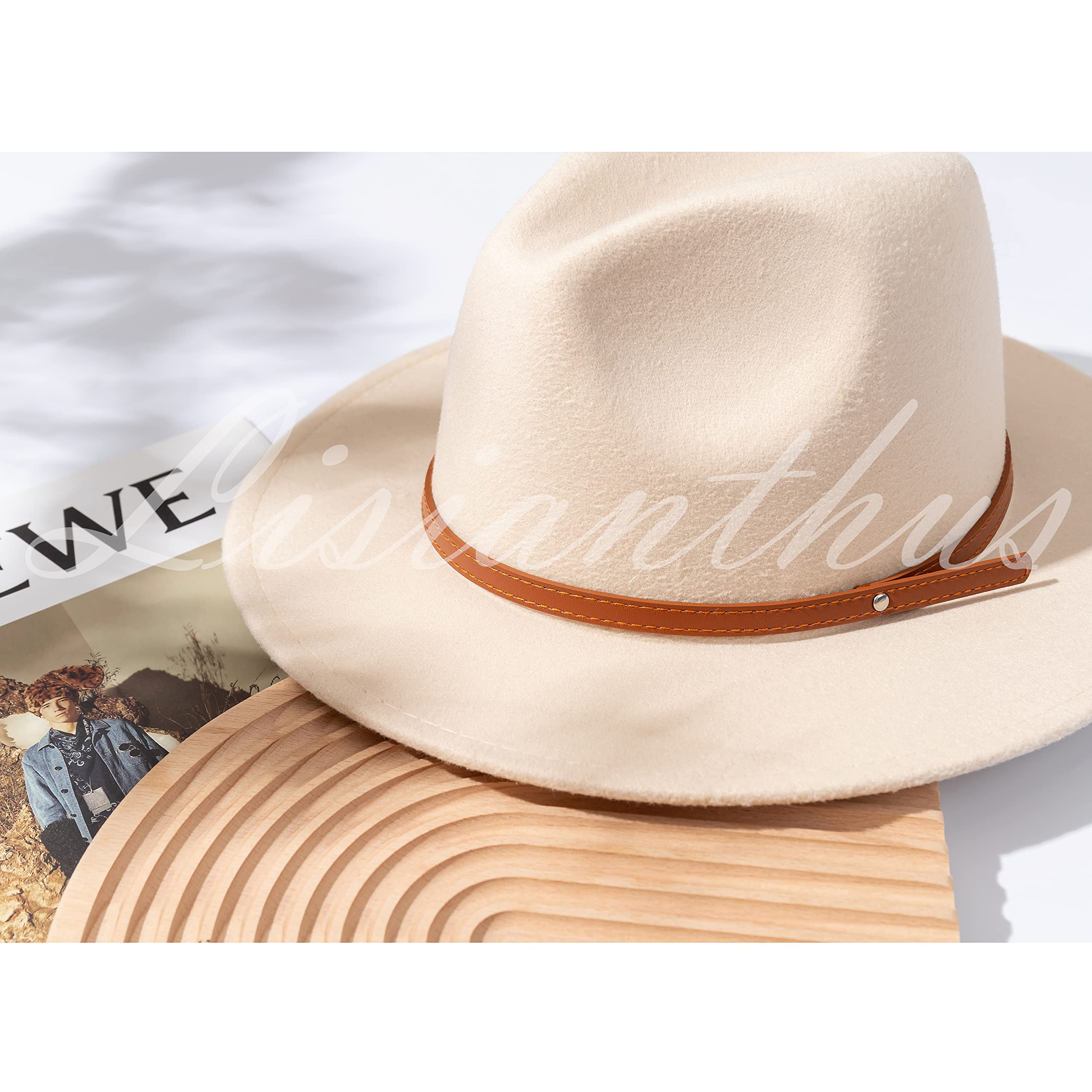 Lisianthus Womens Wide Brim Fedora Hat Felt Jazz Cap with Belt Buckle Decor Brown Belt-Creamy M