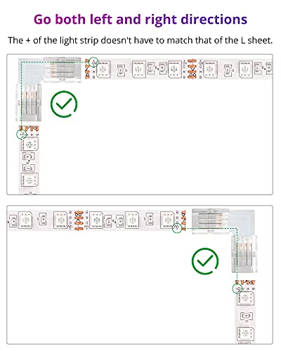 L Shape LED Connectors 4-Pin JACKYLED 10mm LED Right Angle Connectors Solderless RGB Corner Connectors Adapter Extension for 3528/5050 Strip Lights (6pcs L Shaped PCBs, 12pcs Clips)
