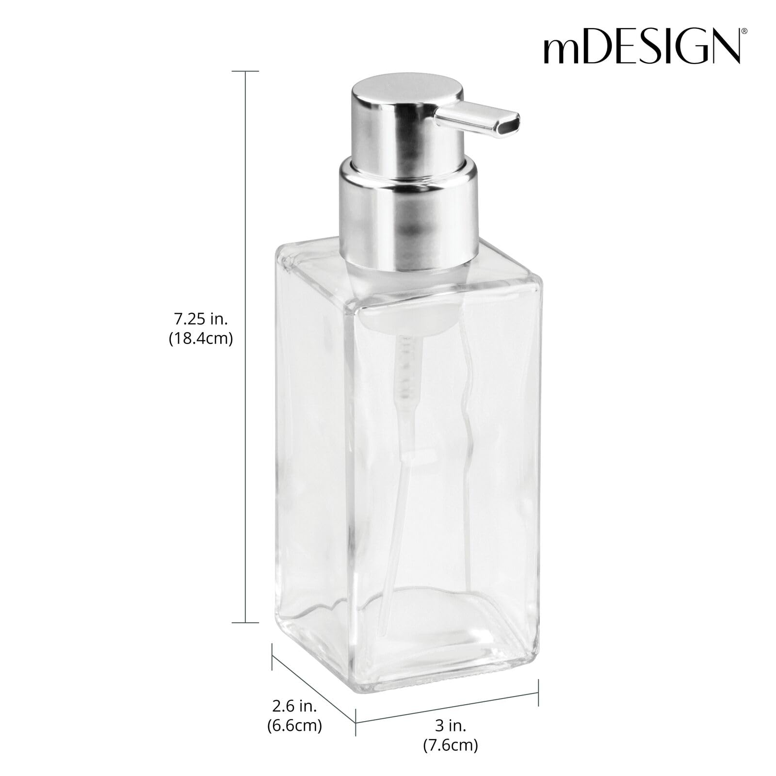mDesign Modern Square Glass Refillable Foaming Hand Soap Dispenser Pump Bottle for Bathroom Vanities or Kitchen Sink, Countertops - Clear/Chrome