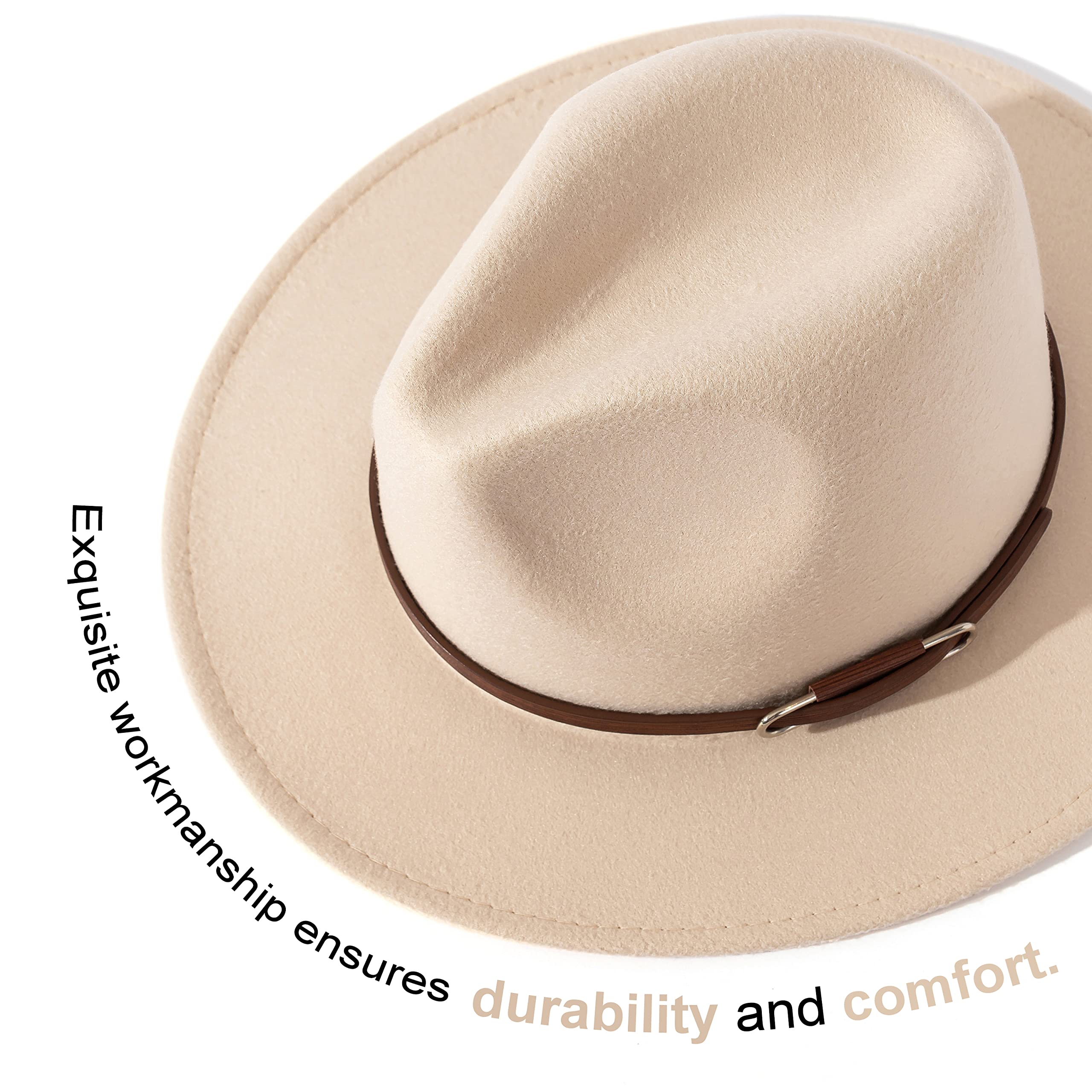 Lisianthus Women's Wide Brim Felt Fedora Retro Panama Hat with Belt Buckle (U-Shaped Buckle Creamy, M)