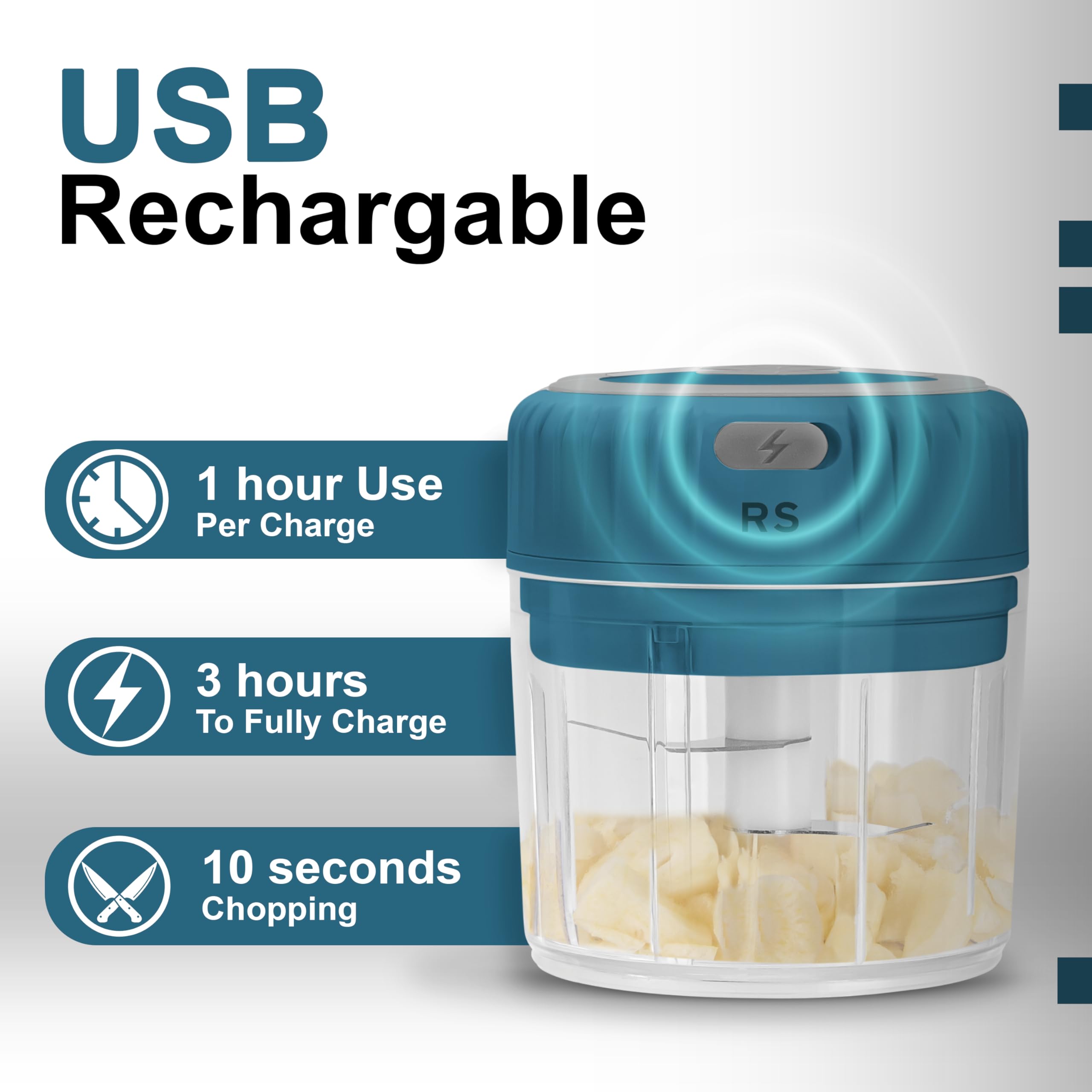Real Simple Electric Mini Food Processor | Great for Garlic, Onion, Ginger, JalapeƱo, Mini Chopper for Quick Food Prep Station | Portable USB Charging, 250 ML Food Container | Blue