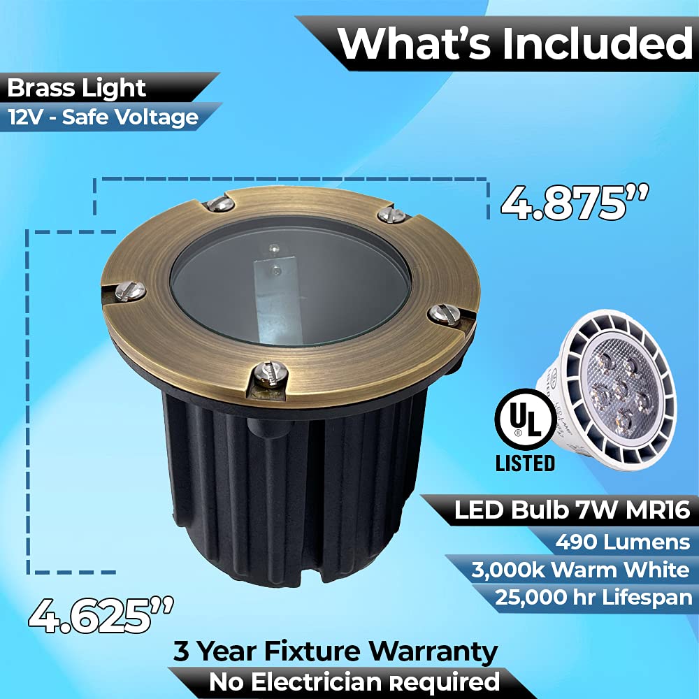 LED Spot Lights Outdoor Landscape Lighting Well Lights 173 - Solid Brass In Ground Light with 7W LED Bulb Security Landscape Lights for Bright Long Lasting Home Garden Patio Pool Area Deck Lighting