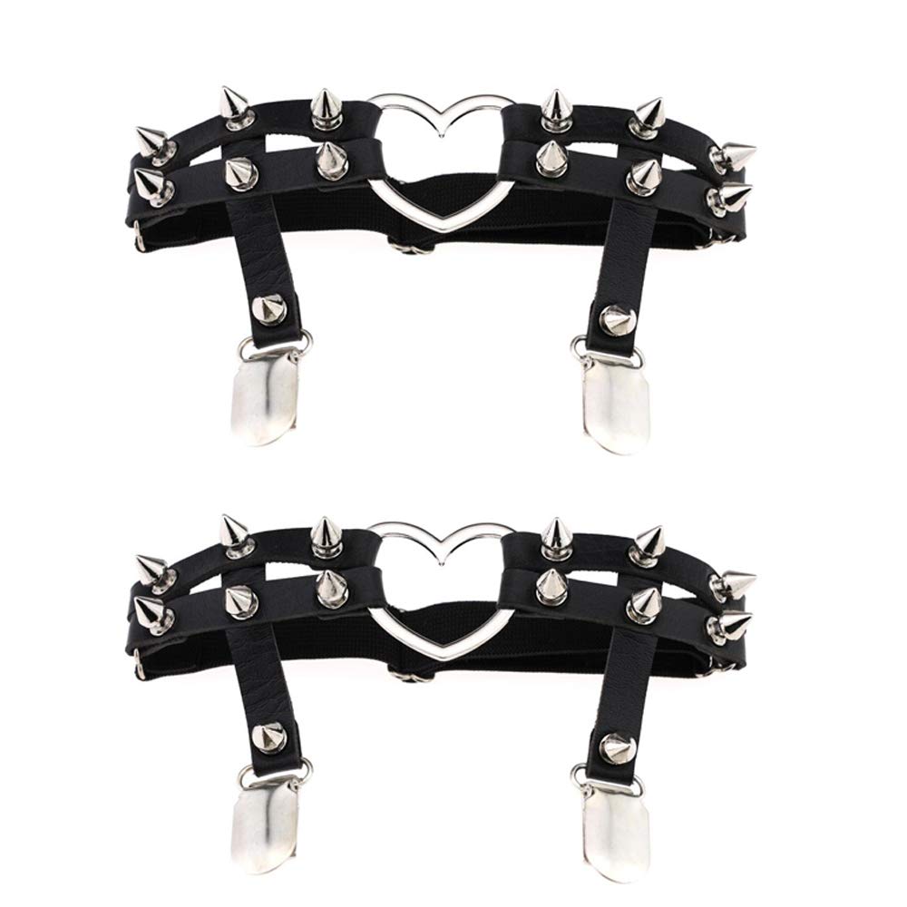 Jurxy 2PCS Gothic Studded Heart Garters Leg Ring Leg Elastic Punk Harness Garter Belt Adjustable Suspender with 2 Metal Clips β Black