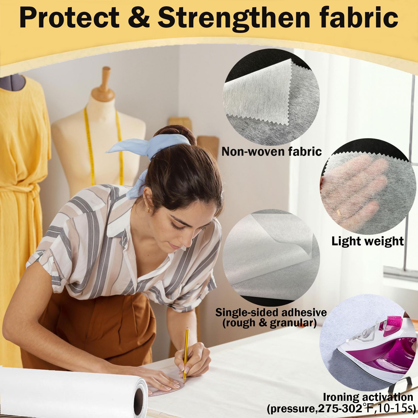 Iron-On Non-Woven Fusible Interfacing: 11.81" x 50yd, Light Weight Iron-On Fusible Interfacing for Sewing, White Interfacing Iron On Polyester Single-Sided Interfacing for DIY Crafts Supplies