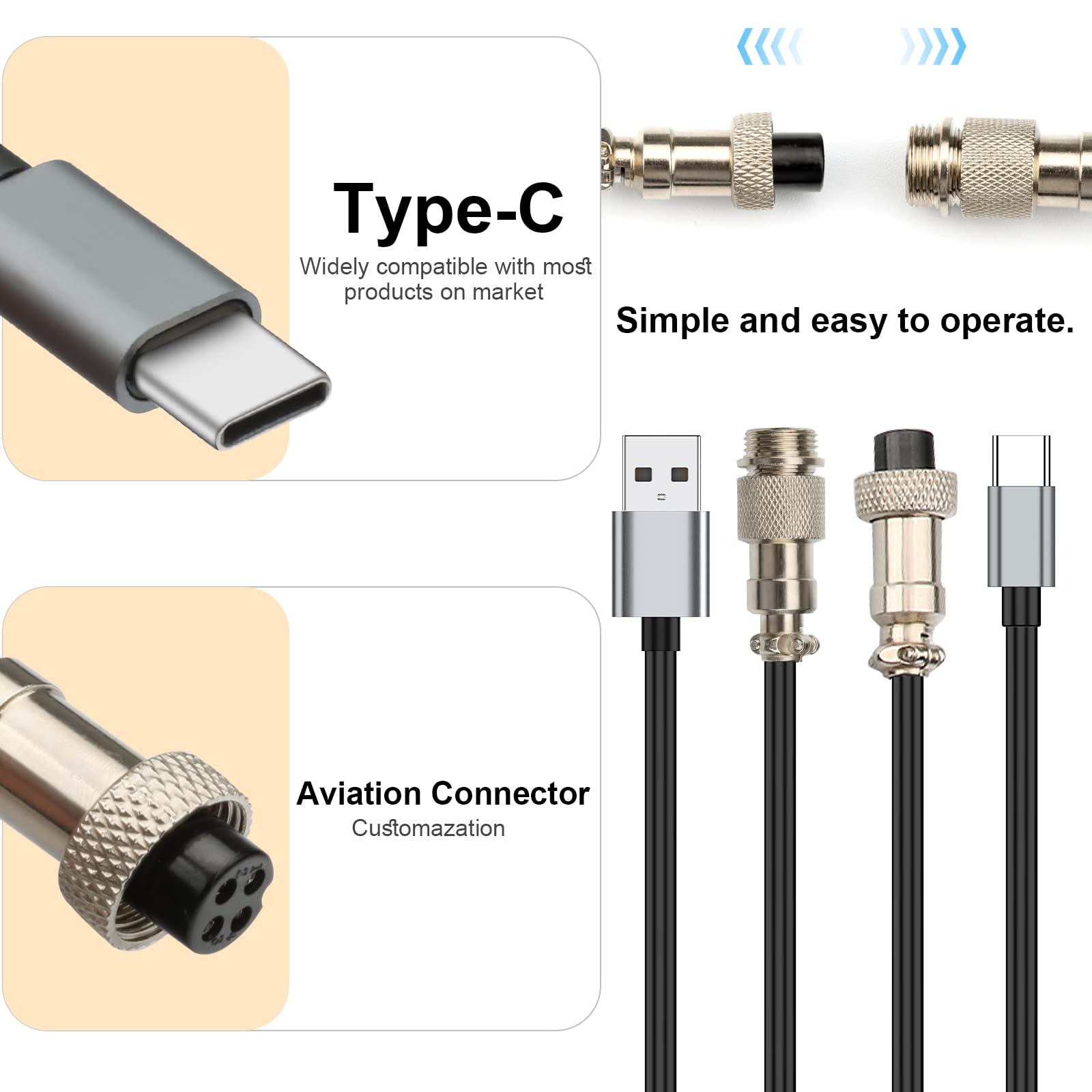 Rocketek Custom Coiled USB C Cable for Gaming Keyboard, Double-Sleeved Mechanical Keyboard Cable with Detachable Metal Aviator, 1.5M USB-C to USB-A Extendable Spring Cable