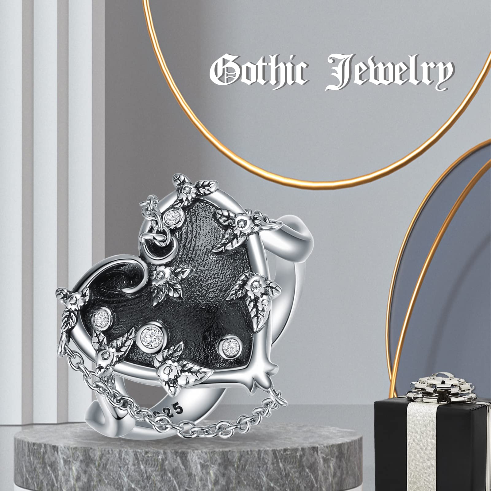 MONGAS Witch Heart Ring 925 Sterling Silver Gothic Jewelry Goth Halloween Gifts for Women
