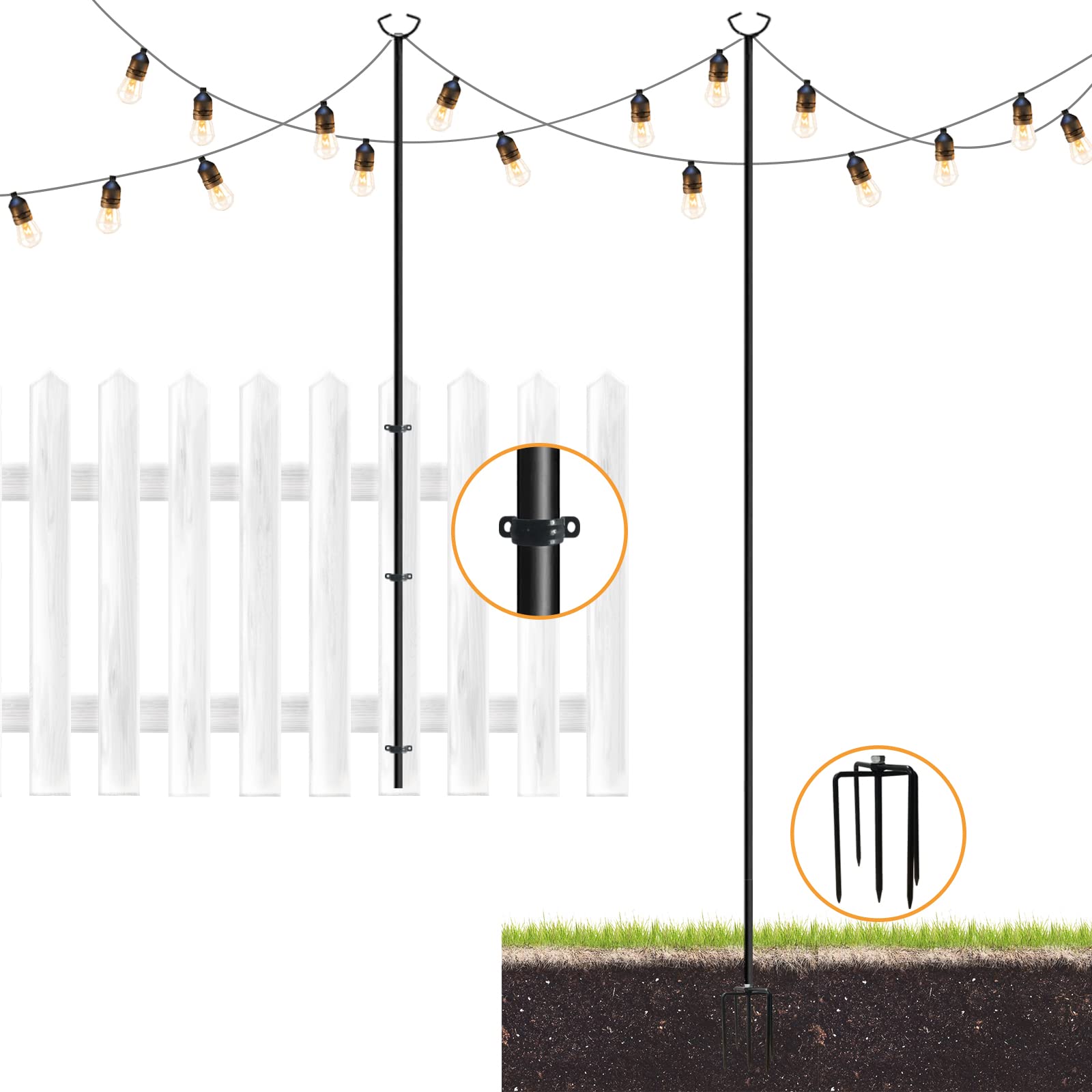 MARVOWARE 3 Functions String Light Poles for Outdoors, Metal Poles with Hooks,Light Poles for Outside House Garden Patio Wedding Cafe Party (2 Pcs)