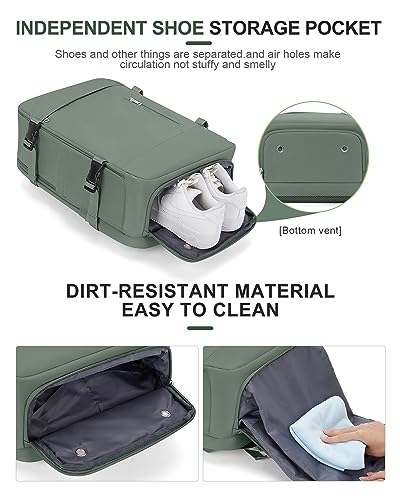 Large Travel Backpack for Women Carry On Airline Flight Approved Expandable Work Personal Item size Backpack Bag with Laptop compartment for College Men Waterproof Hiking Mochila de Viaje Green