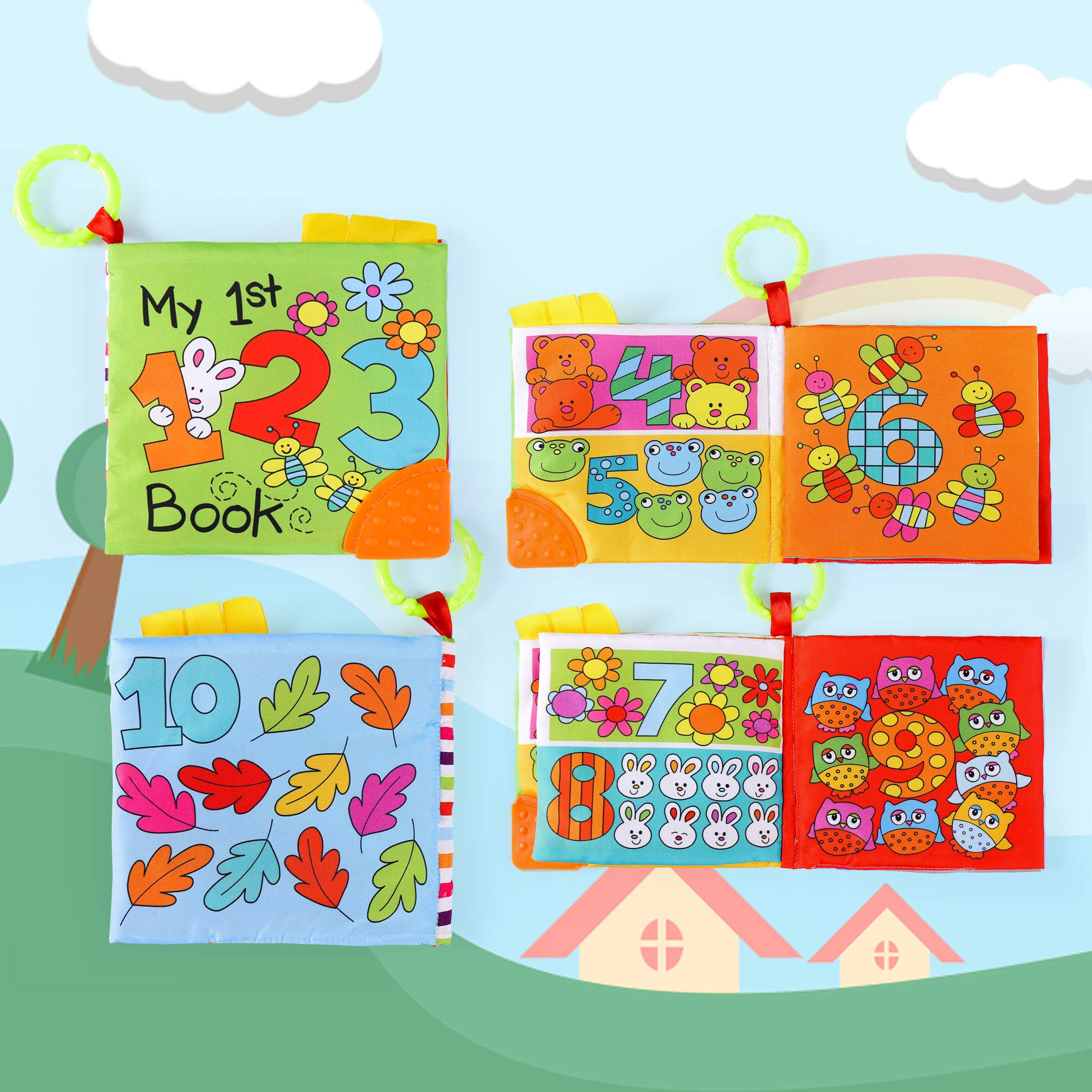 KIDAMI Baby Soft Books with Teether and Crinkle Paper 7pcs Waterproof Bath Book, First Year Book for Learning Numbers and Alphabets and Telling Stories, Gift for Infant, Baby and Toddler