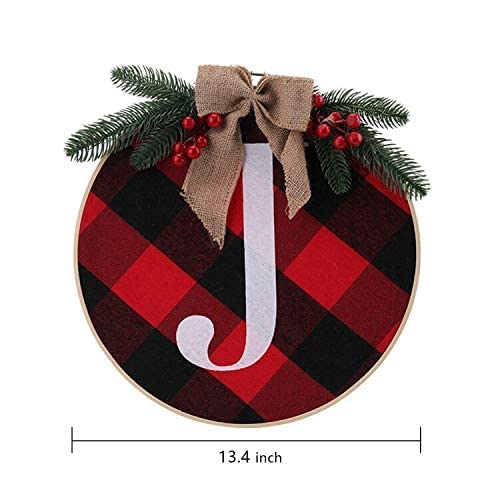 Jucoan Joy Sign Christmas Wreath Decoration for Front Door, Rustic Buffalo Check Plain Wood Hanging Wreath for Home, Wall, Fireplace, Stairs, Xmas Holiday Decor