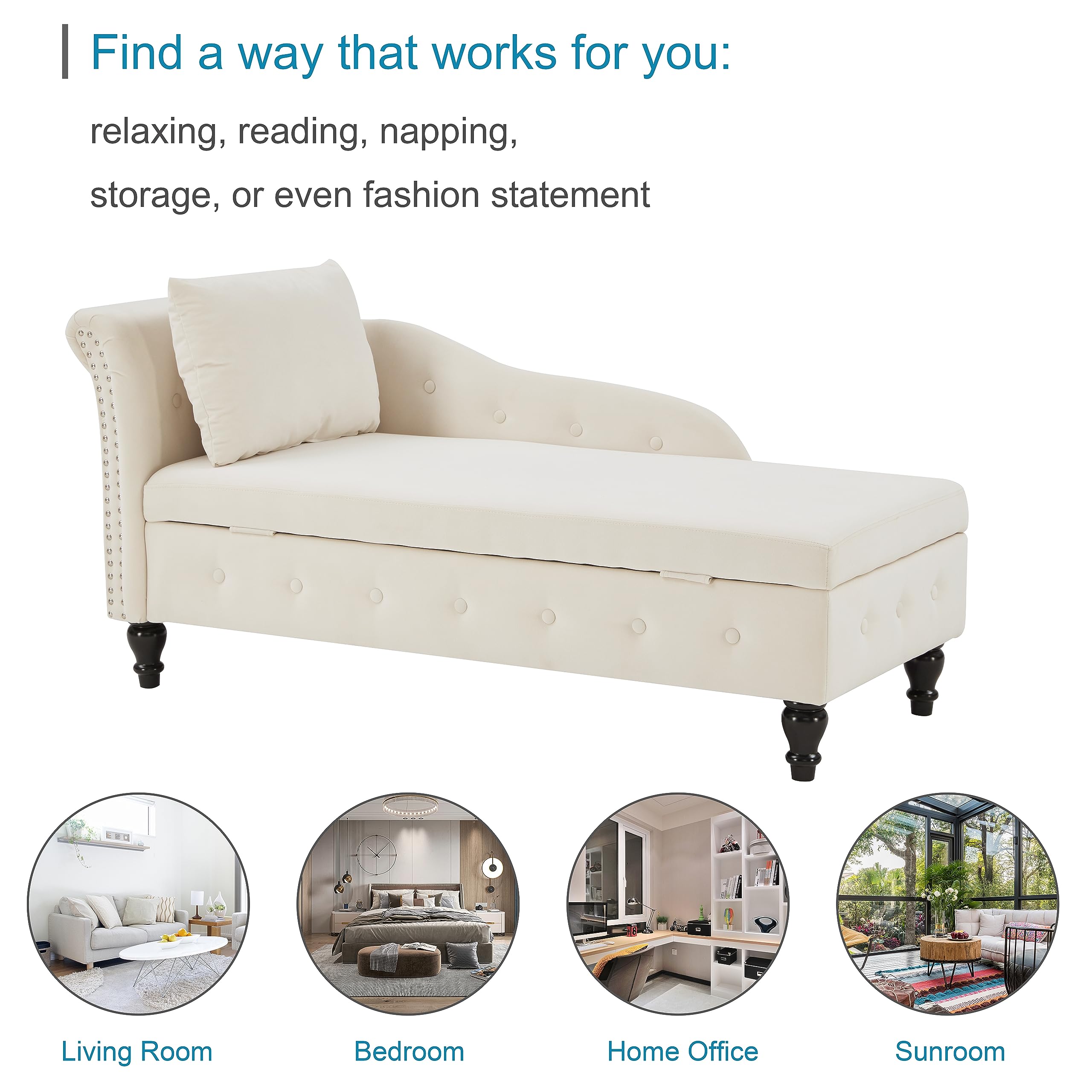 Iroomy Button-Tufted Chaise Lounge Indoor with Solid Wood Legs & Support Pillow, Upholstered Chaise Lounge Chair for Bedroom Living Room Office, Armless Rolled Backrest Leisure Sofa Recliner-Dark Grey