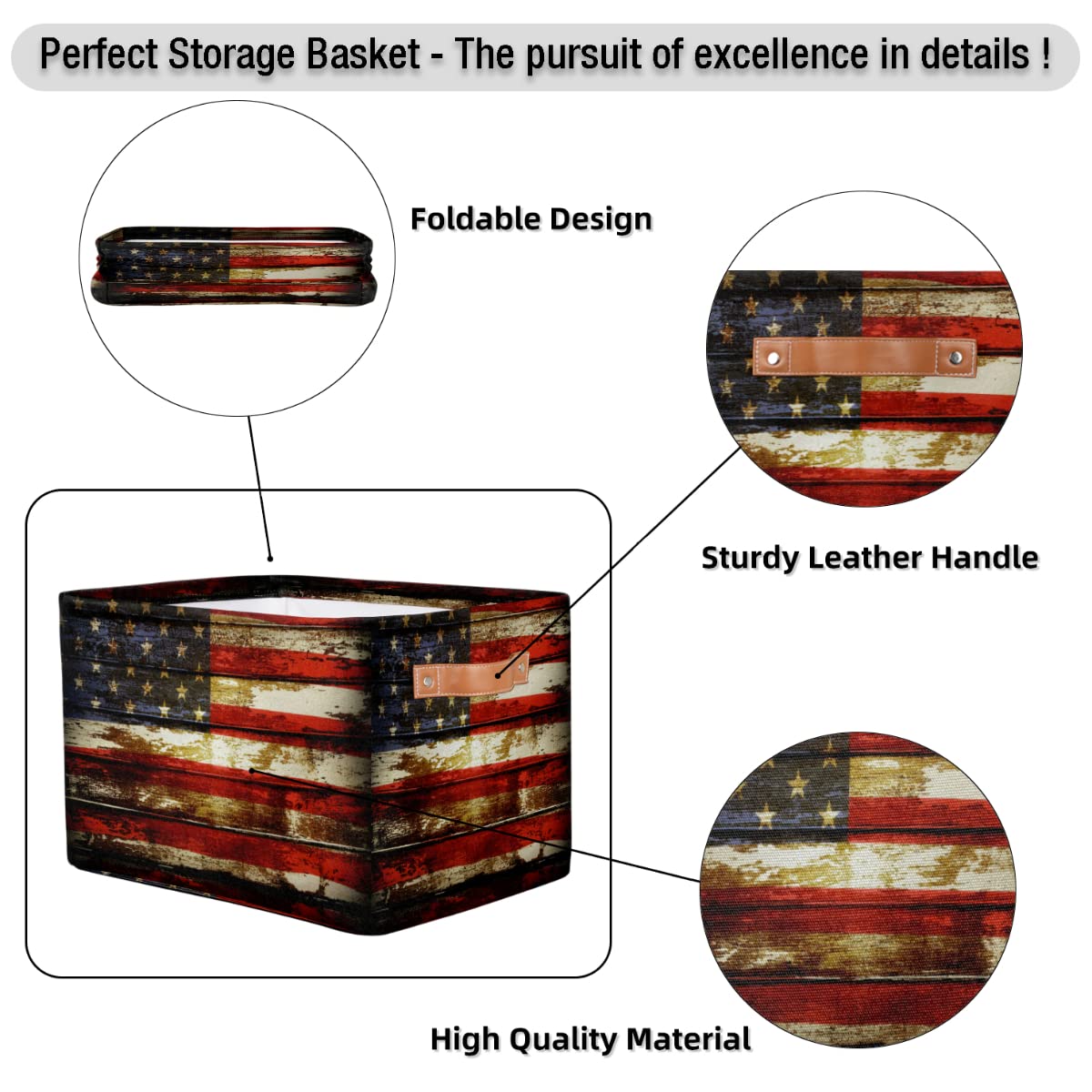 KOBLEN 4th Of July American Flag Wooden Storage Basket Collapsible Storage Cube Box Fabric Toys Storage Bins Large Organizer with Handles for Shelf Closet Bedroom Home Office