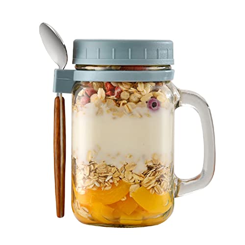 Neegaurd 2 Pack Overnight Oats Containers with Lid and Spoon, 16 Oz Large Glass Overnight Oats Jars with Portable Handle, Reusable Airtight Glass Oatmeal Cups for Cereal Yogurt and Parfait