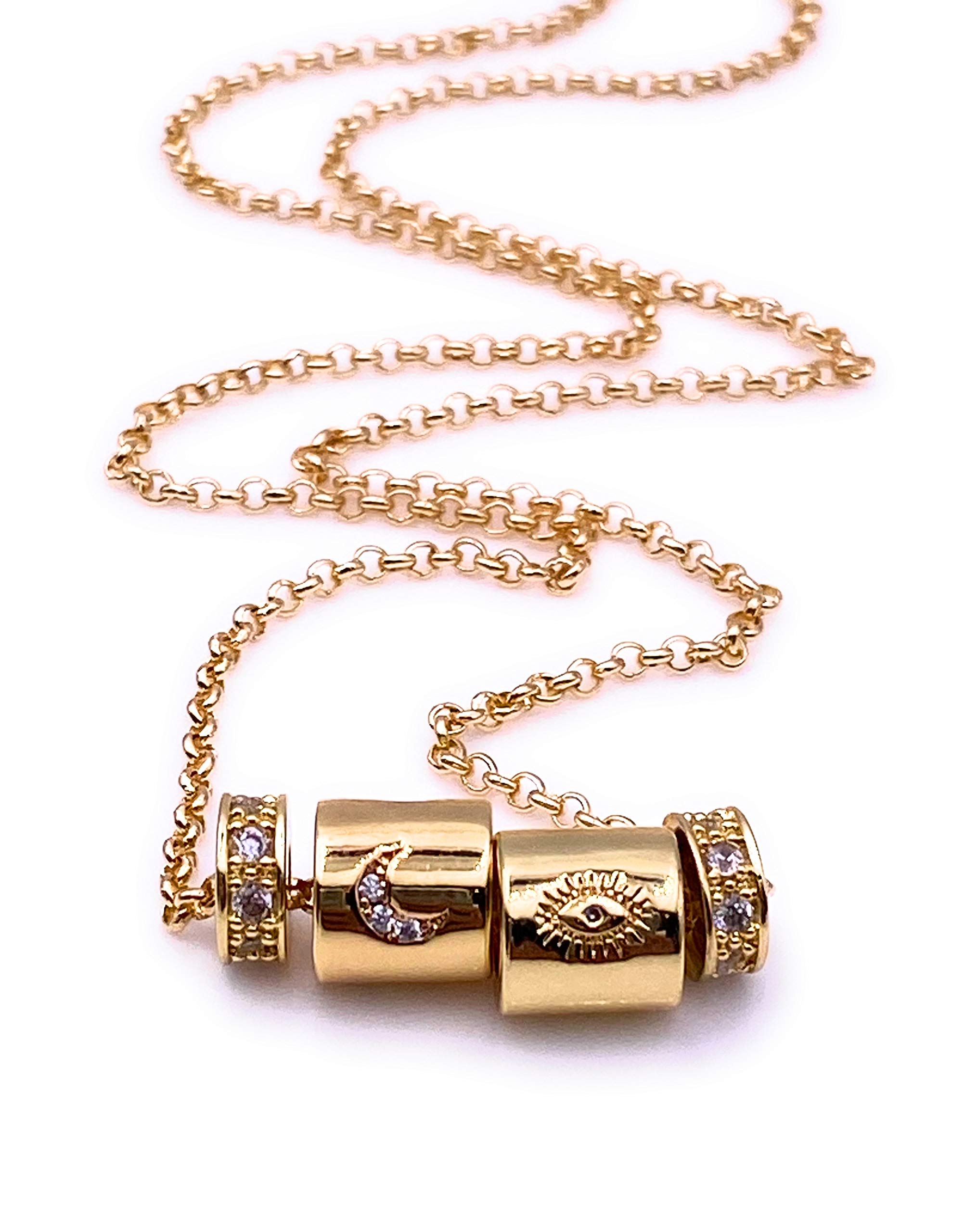LESLIE BOULES Gold Evil Eye & Half Moon Necklace for Women Charm 18K Plated Chain