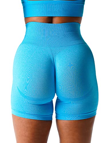 PAIZH Womens High Waisted Seamless Workout Biker Shorts Smile Contour Butt Lift Yoga Shorts Blue, L