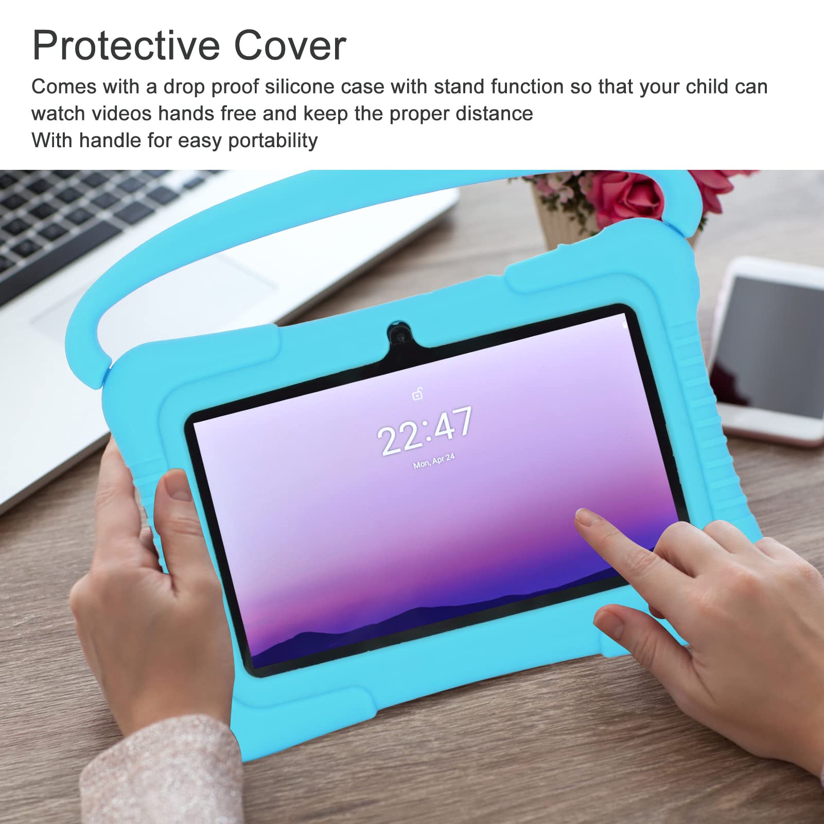 Kids Tablet, 7 inch 2GB 32GB Quad Core Processor Toddler Tablet with Dual Camera, 3D Design Kids Tablets with Protective Cover for Girls and Boys 110‑240V (US Plug)