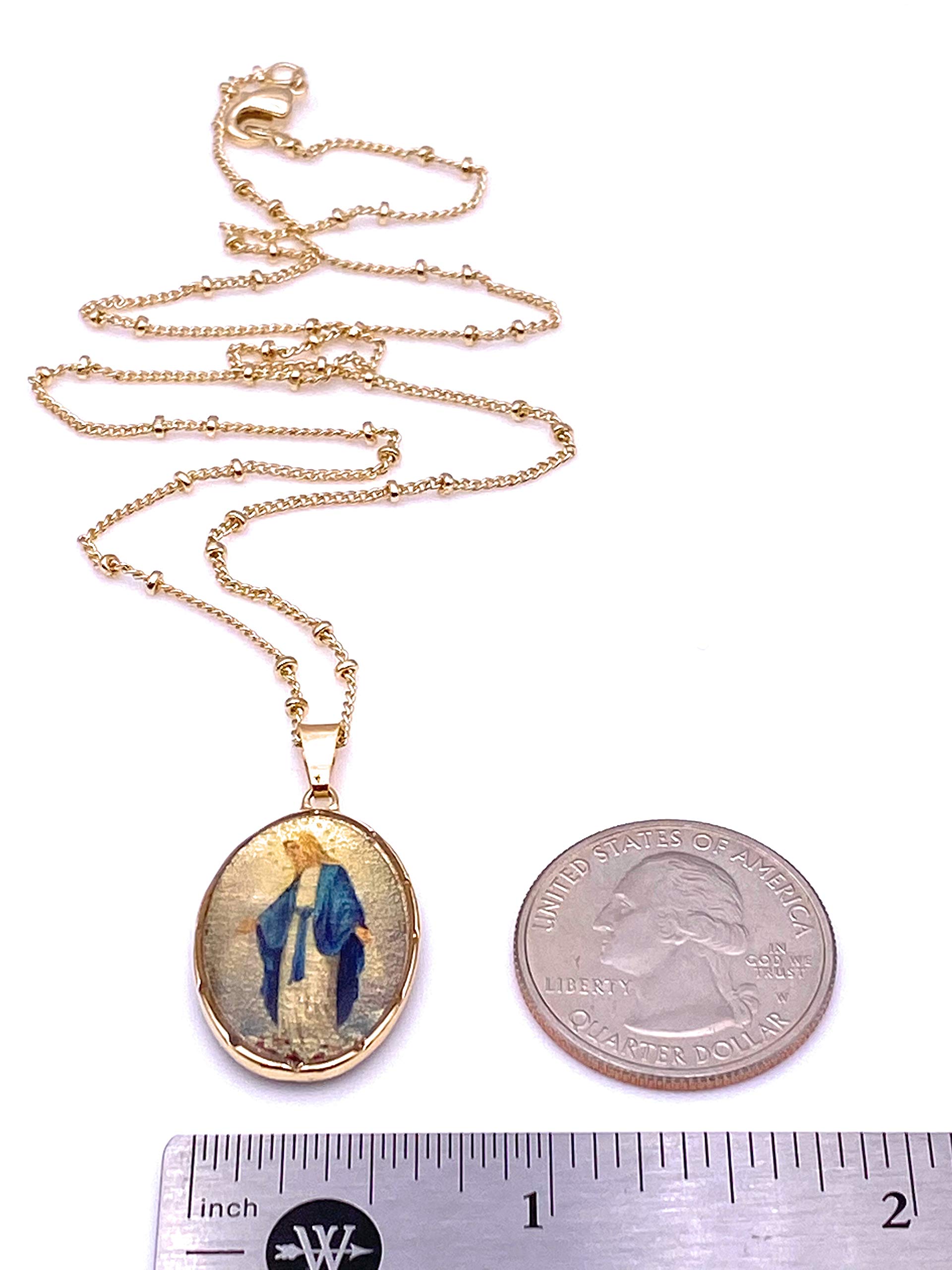 LESLIE BOULES Virgen La Milagrosa Pendant Necklace 18K Gold Plated Chain 18 Inches Length