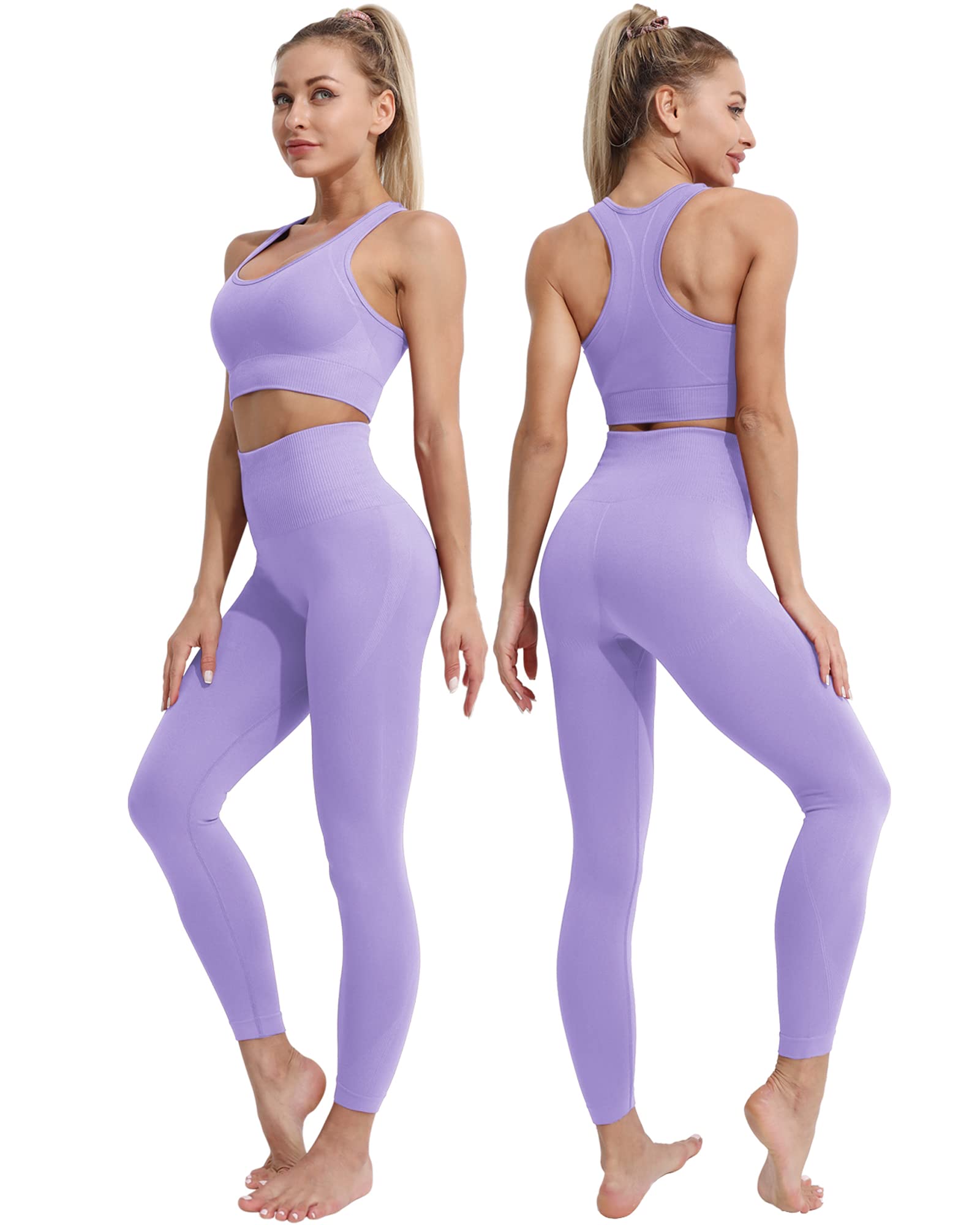 LUBERASU Women's 2 Piece Workout Sets High Waisted Seamless Leggings with Padded Sports Bra Sets(Purple,S)