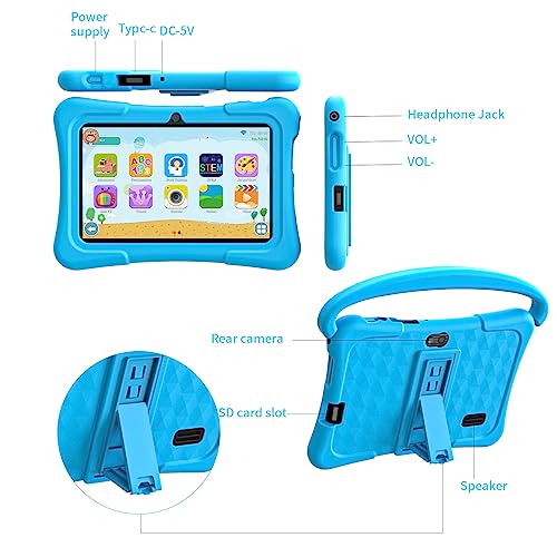 Kids Tablet, 7 inch Android Tablet for Kids, 2GB RAM 32GB ROM 128GB Expand, Toddler Tablet with Shockproof Case, Bluetooth, FM, WiFi, Parental Control, Dual Camera, Games (Pink)