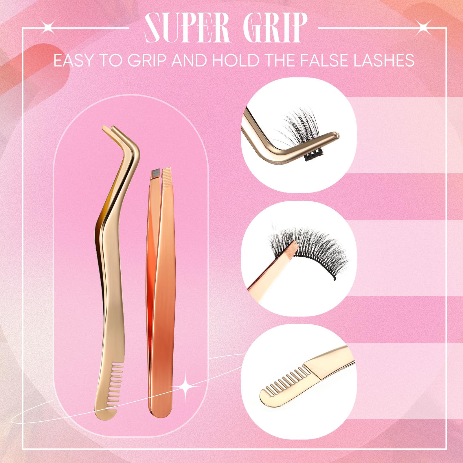 Lasnten 4 Pcs Eyelash Applicator Tool, Lash Tweezers for Eyelash Extensions, Stainless Steel Lash Cluster Tweezers Brush with Little Boxes, DIY Lash Applicator Tweezers Set(Gold)