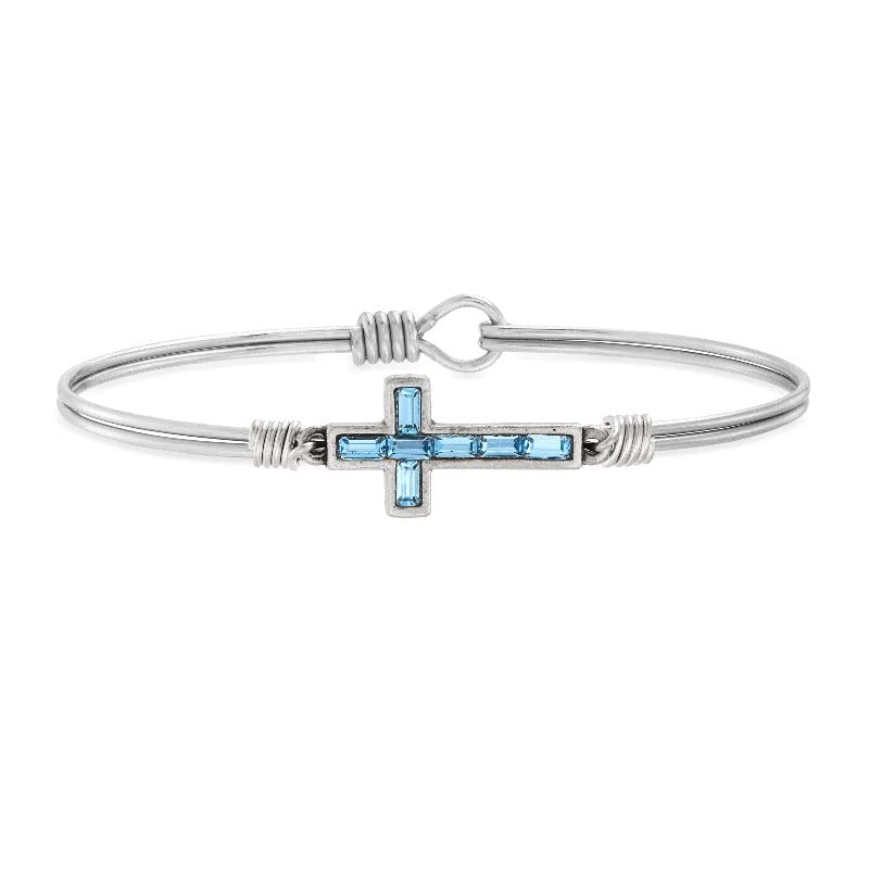 Luca + Danni Baguette Cross Bangle Bracelet in Aquamarine For Women - Silver Tone Regular Size Made in USA