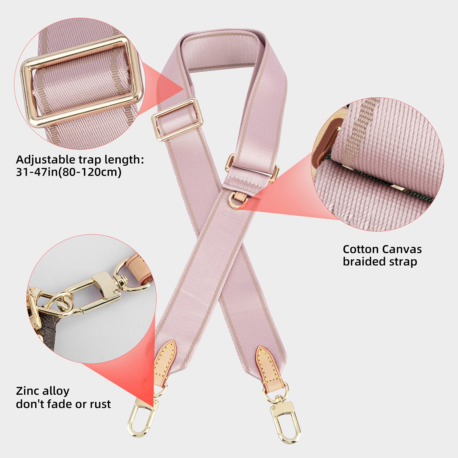 LIZHYY Multi Pochette Accessories Strap for LV Crossbody Shoulder Multi Purpose Strap Canvas Stripes (pink), 31-47in