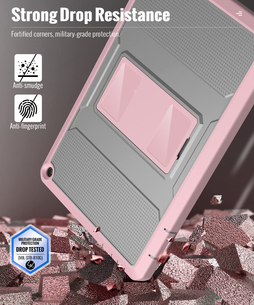 MoKo Case Fits All-New Kindle Fire HD 10 & 10 Plus Tablet (11th Generation, 2021 Release) 10.1", Full Body Rugged Hands-Free Viewing Stand Back Cover with Screen Protector, Gray&Pink