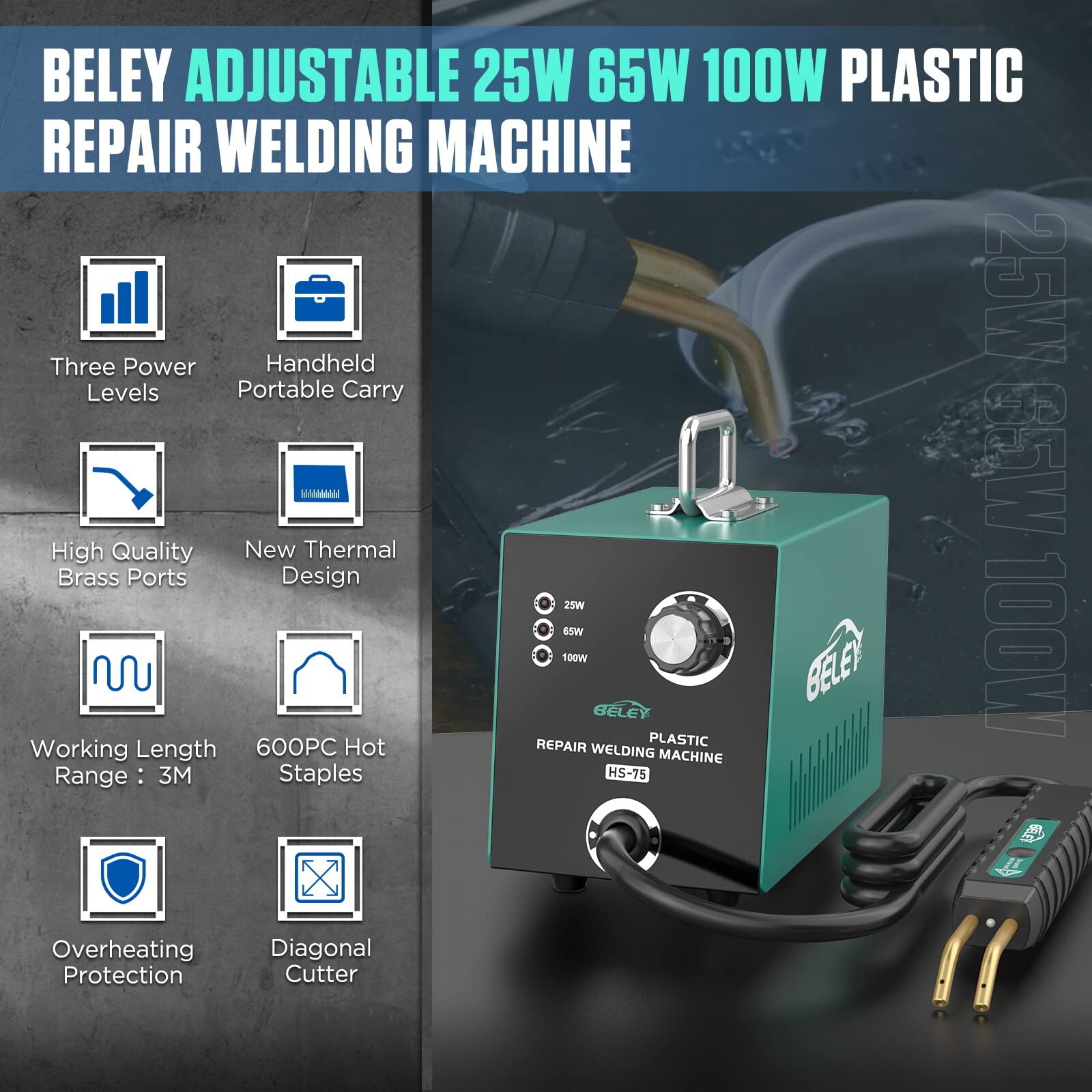 Plastic Welder Kit Hot Stapler - BELEY Adjustable 25W 65W 100W Plastic Repair Welding Machine, 110V Car Bumper Plastic Fixing Tool with 600pcs Staples