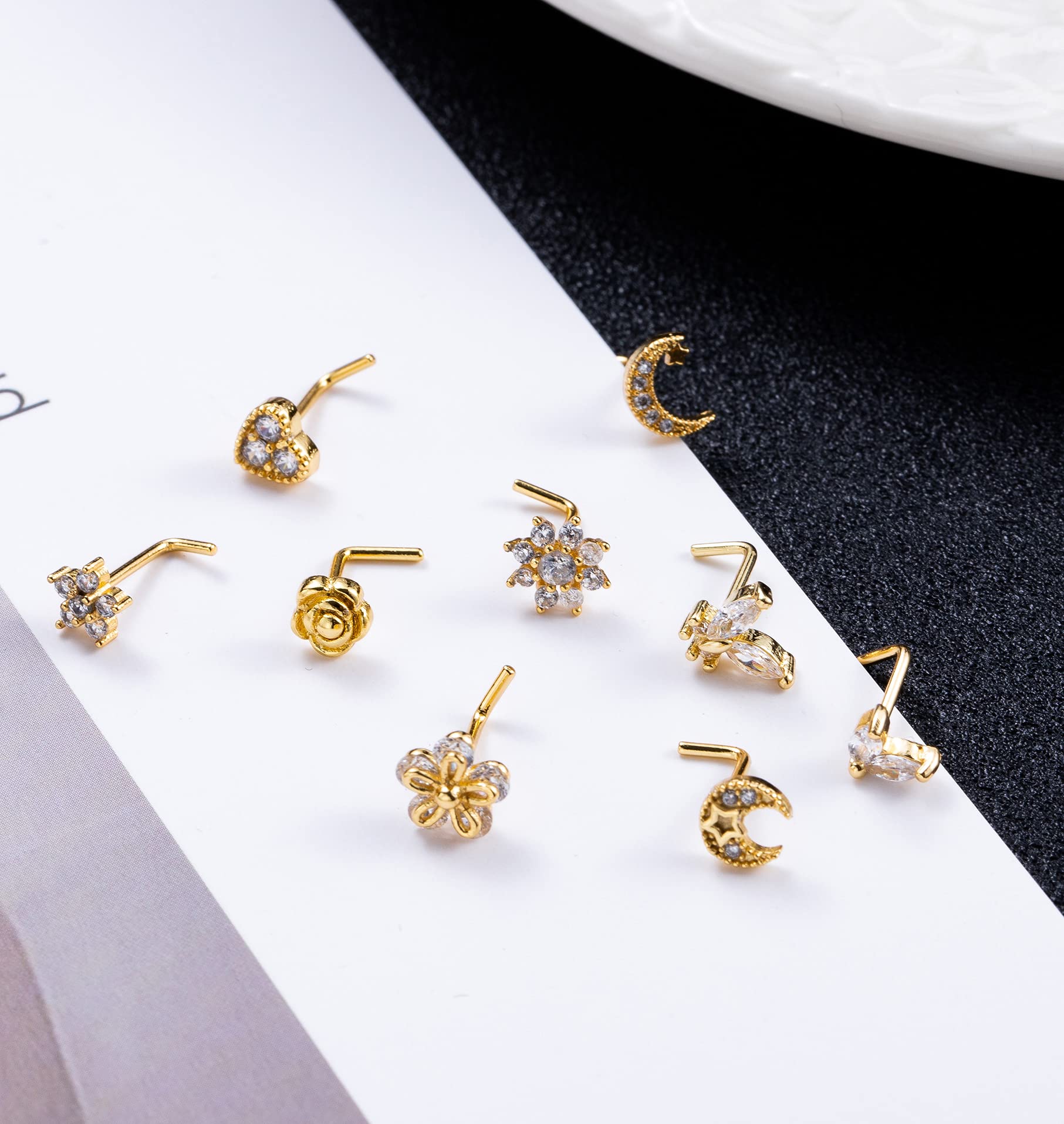 Masedy 9Pcs 20G Stainless Steel Nose Rings L Shaped Nose Studs Flower Screw Nose Rings for Women Men Nose Piercing Set LG