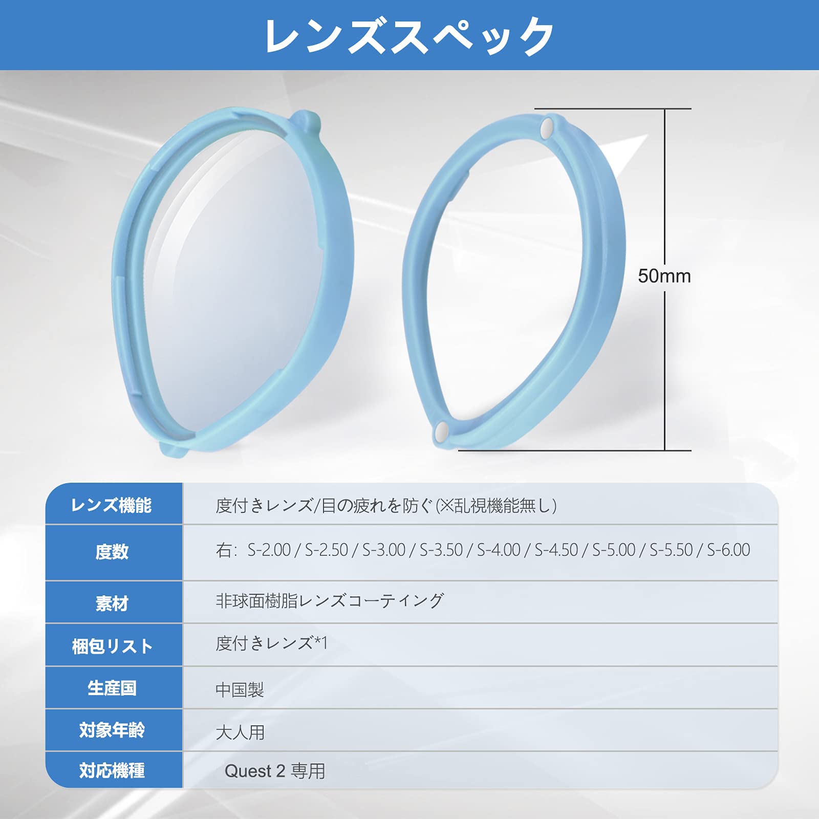 MASiKEN Lens Cover Myopia Glasses For Quest 2, Right Side (OD:-2.00) Myopia Lens Anti-Blue Ray With Lightweight Magnetic Anti Scratch Ring, Non-Astigmatism Lenses, Eyesight Protector(Blue)