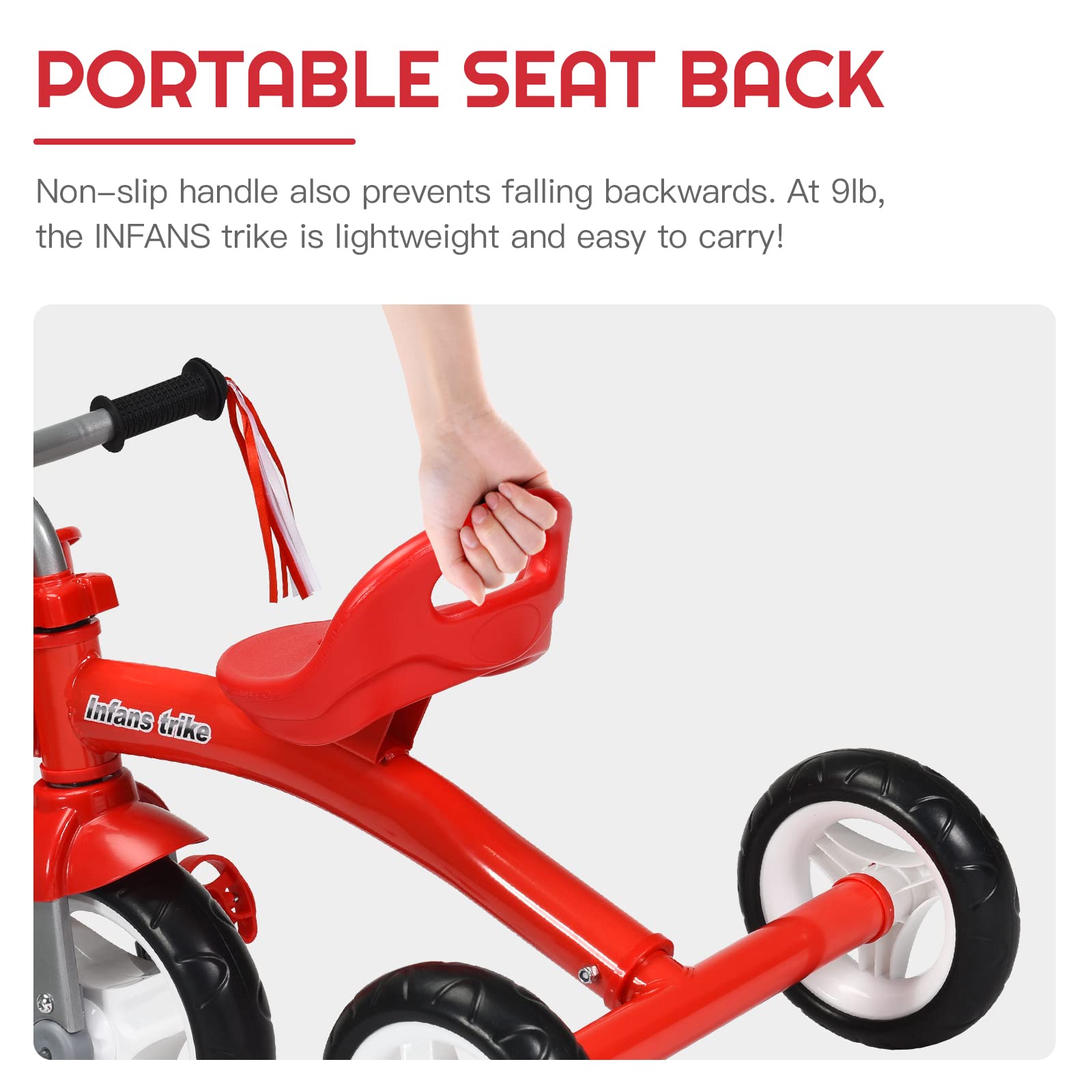 INFANS Kids Tricycle Rider with Adjustable Seat, Storage Basket, Premium Quiet Wheels, Non-Slip Handle (Red)