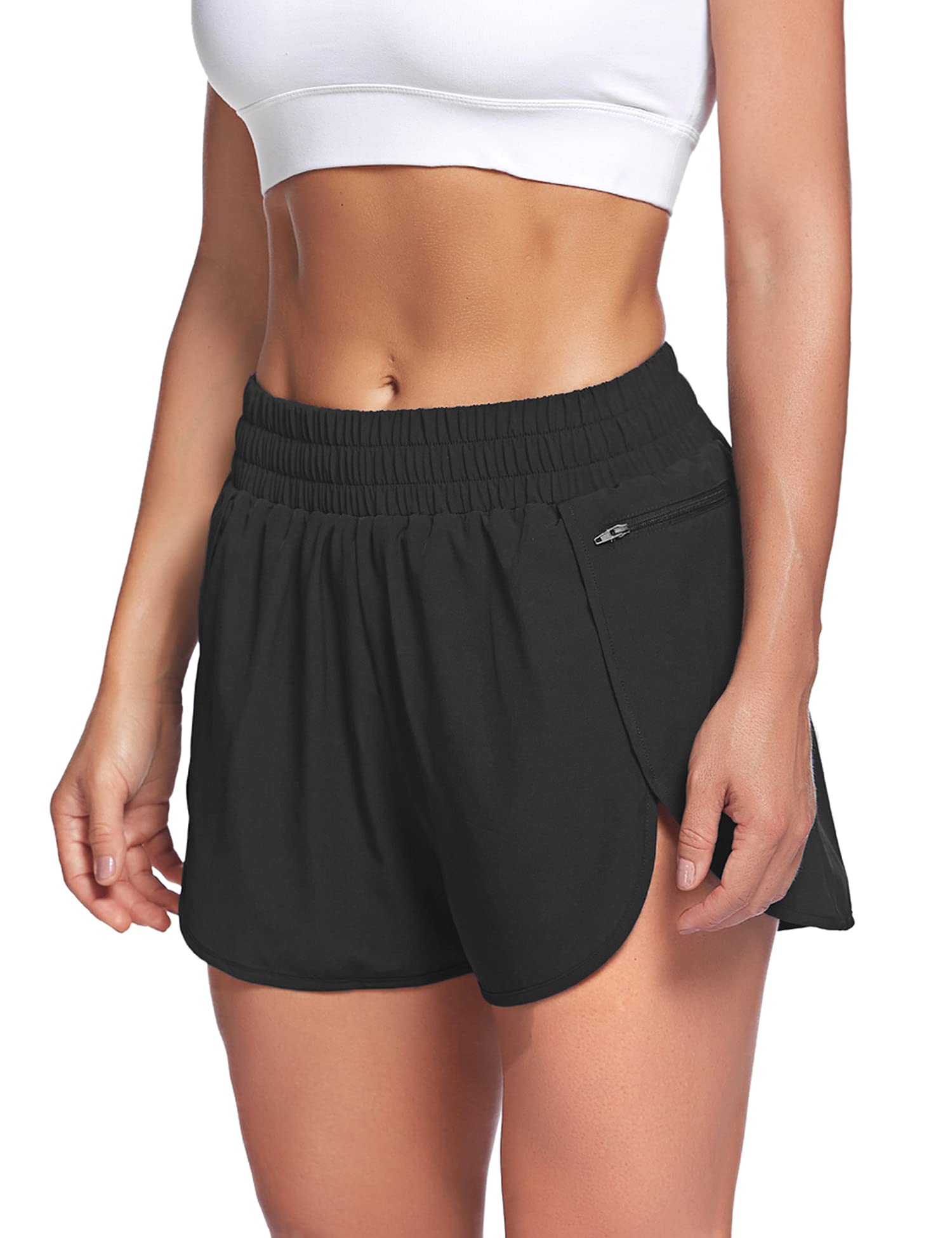 LaLaLa Womens Quick-Dry Athletic Shorts Sports Layer Elastic Waist Running Workout Shorts with Zip Pocket (M, Black)