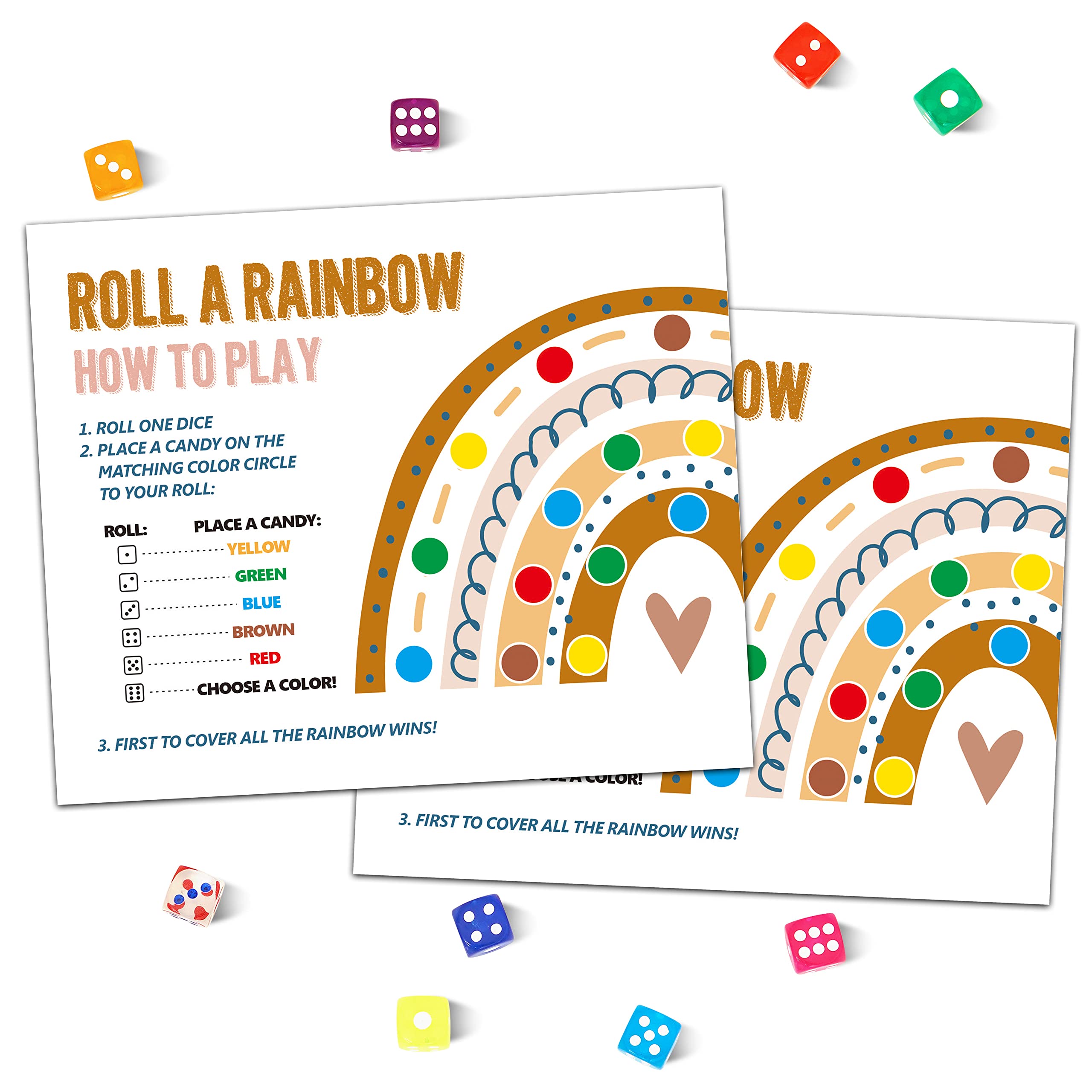 Roll The Dice Game, Baby Shower and Birthday Party Kids Table Game, Roll A Rainbow, 20 Play Cards 20 Colored Dices (ONE-b05)