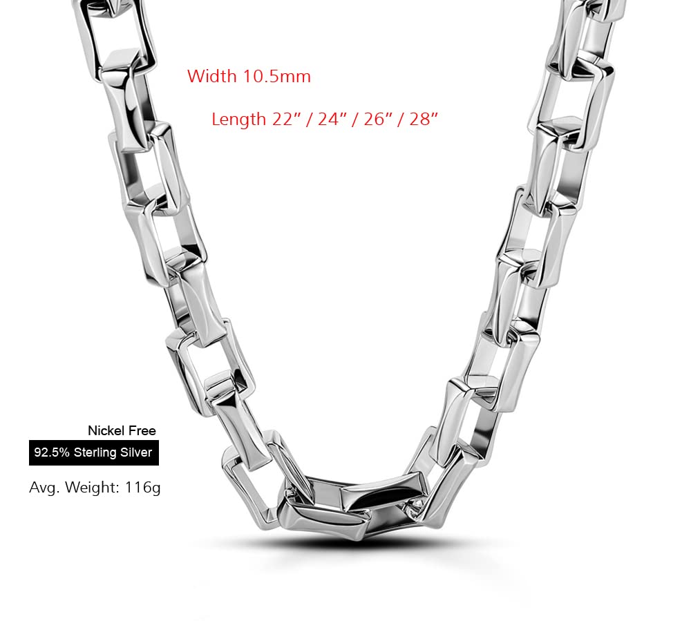 Meilanduo Solid 925 Sterling Silver Cube Link Chain Two Locks Necklace Chunky Thick Large Necklace 10.5mm Heavyweight Necklace for Men & Women (22 Inches)