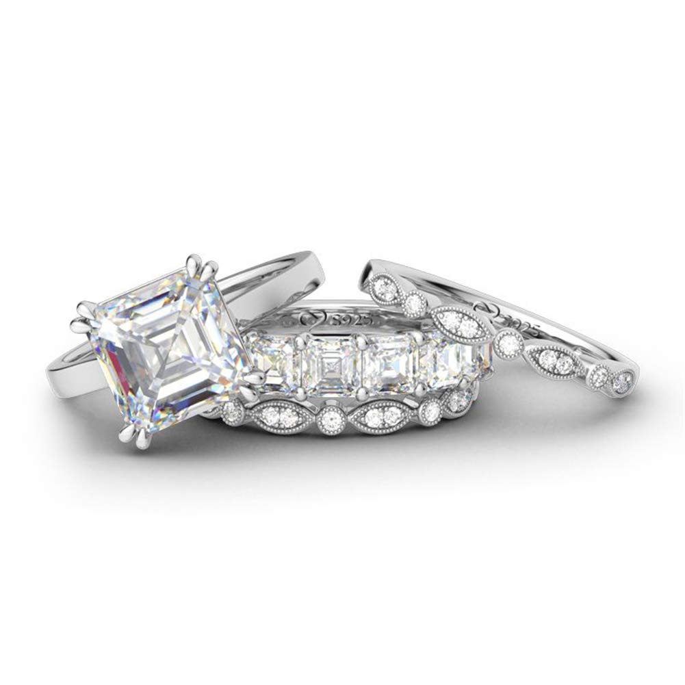 Jeulia 4PC Asscher Cut Sterling Silver Ring Set Cubic Zirconia CZ Engagement Anniversary Eternity Promise Wedding Band Ring Set with Jewelry Box (6.5)