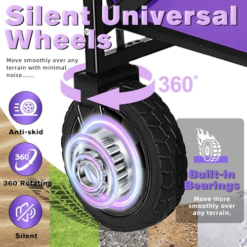 Rollefun Wagon Cart with Wheels Foldable - Collapsible Utility Wagon Heavy Duty, Folding Grocery Wagon, All Terrain Wagon Outdoor Camping Garden