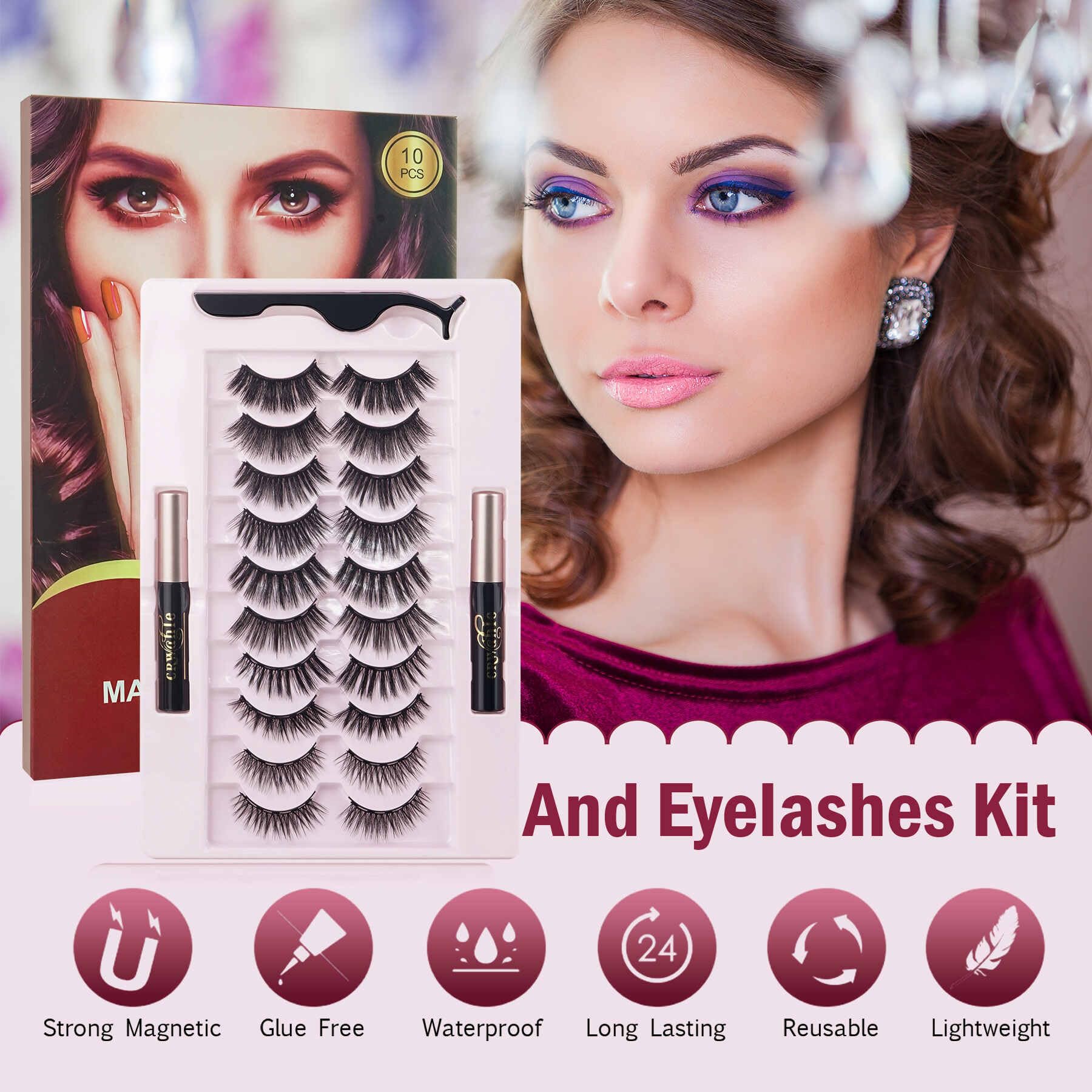 Magnetic Eyelashes Kit , Crwahie 10 Pair Magnetic Lashes with Eyeliner & Tool, 3D Long Lasting Magnetic Eyelashes Natural Look Reusable Sweatproof False Eyelashes, Easy to Wear, No Glue Needed