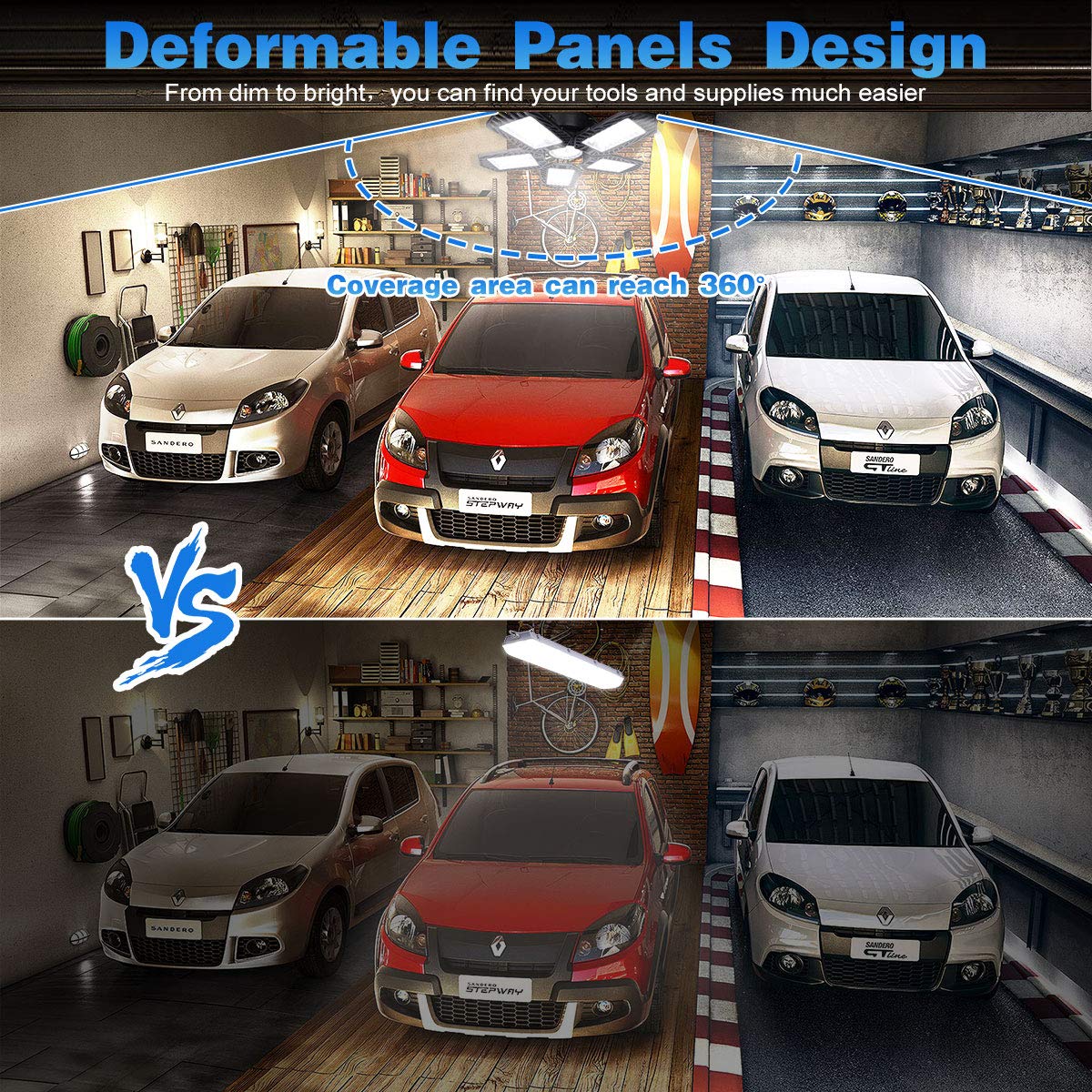 Led Garage Lights 2 Pack 100W Deformable Garage Ceiling Light for Garage Lighting Fixtures with 5 Adjustable Panels 10000LM 6500K Tribright Garage Light LED Shop Lights for Garage Warehouse Workshop