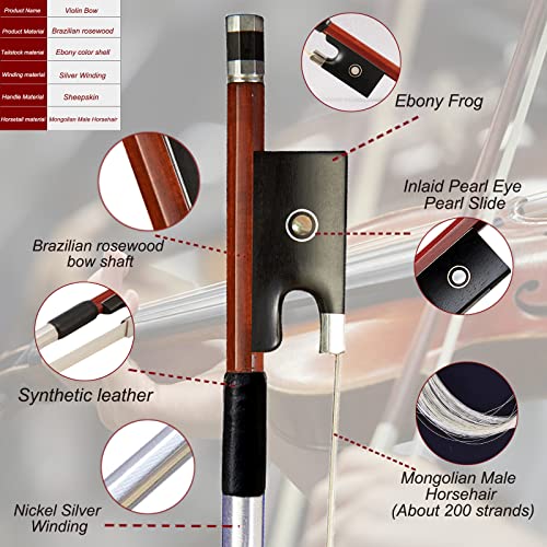 Performance Grade Excellent Tone Violin Bow 4/4 Full Size Eight corners with free rosin and Clean Microfiber Cloths,Natural Mongolian Male Horsehair