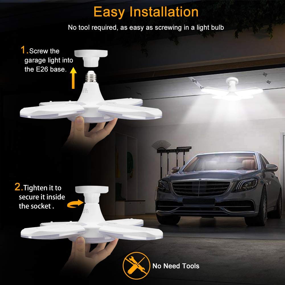 LED Garage Lights 2 Packs, 2800LM LED Garage Ceiling Lighting, 4+1 Lighting Units Led Light Bulbs for Garage, Screw in Lighting Fixture for Shops Utility Room Basement barn,28W CRI80 6000K Daylight