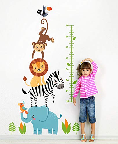Jungle Animals Growth Chart Wall Decal, Safari Growth Chart Wall Sticker, Lion Elephant Monkey Zebra Kids Room Wall Decor